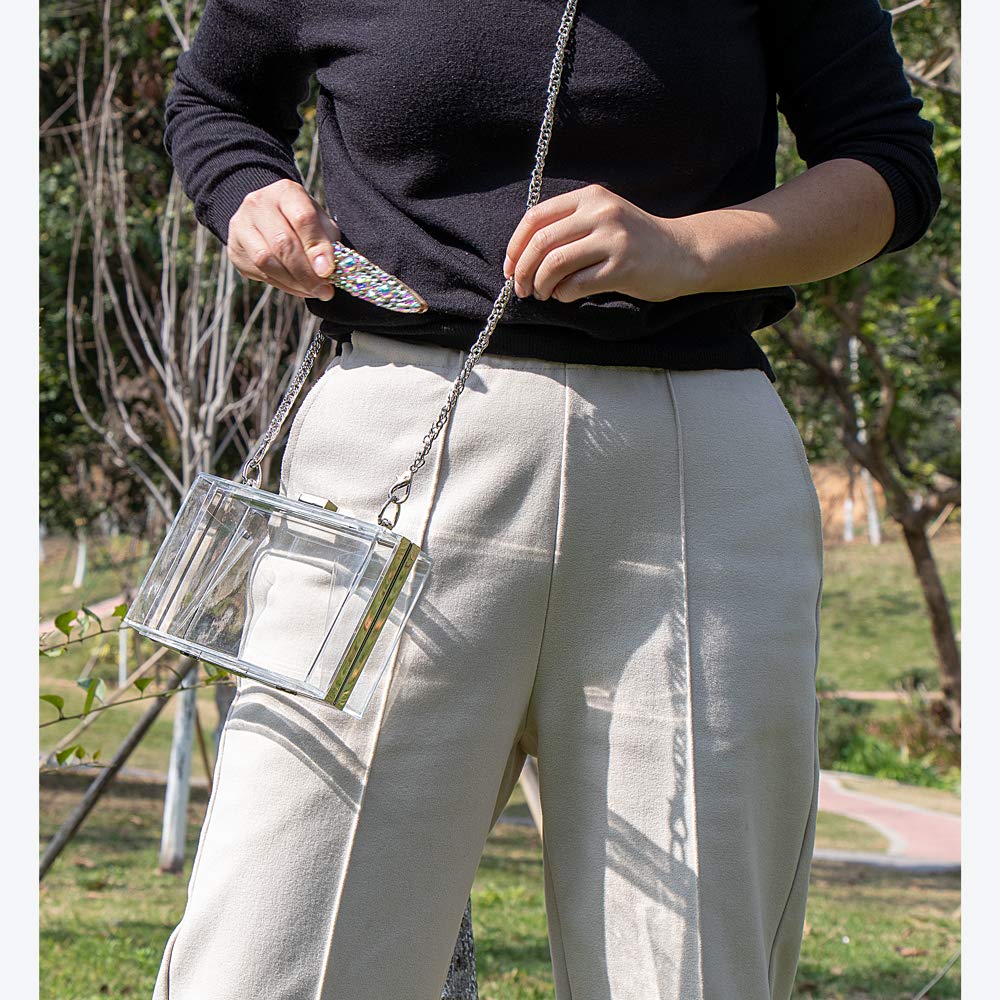 MoLongChe Acrylic Clear Purse For Women, Crossbody Shoulder Handbag Evening Clutch Bag Chain Strap - Silver