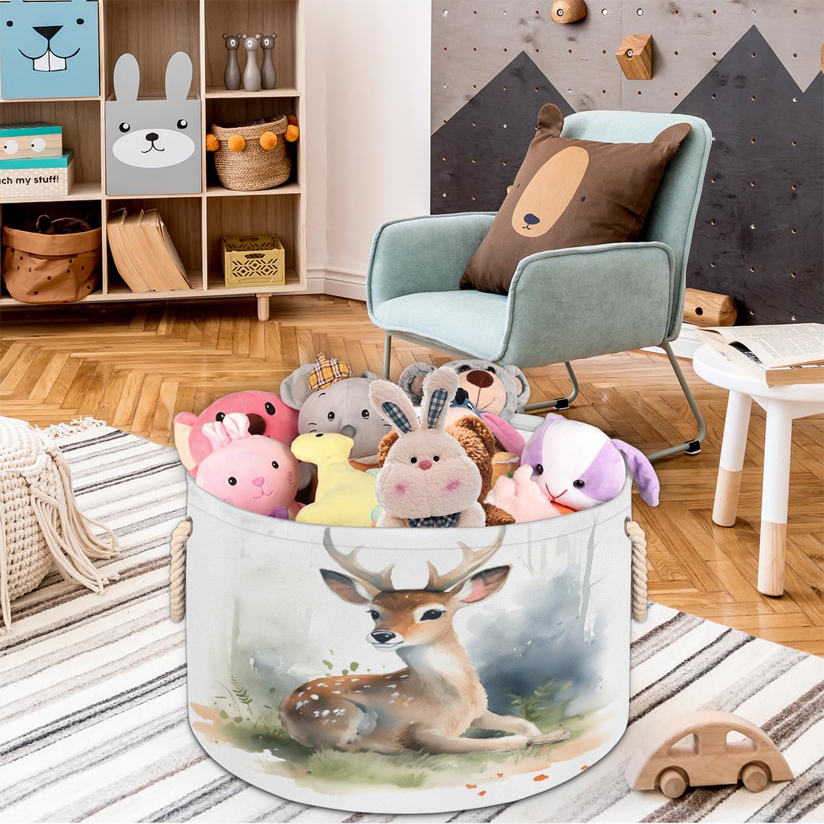 OMFUNS Deer Animal Round Storage Basket Extra Large Art Painting Laundry Hamper Basket for Blankets Clothes Cotton Rope Basket Towel Nursery Baby Toy Pet Basket Decorative