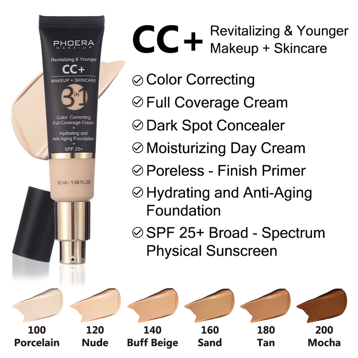 PHOERA Foundation, PHOERA CC+ Cream Color Correcting Anti Aging Hydrating Serum &SPF 25+, PHOERA Primer, PHOERA Makeup,Kabuki Makeup Brushes Foundation Brush (102 Nude +120 Nude CC Cream)