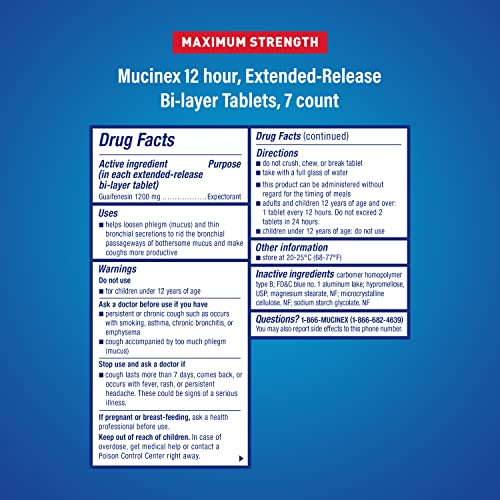 Mucinex 12 Hour Maximum Strength 1200 mg Guaifenesin Extended-Release Tablets for Excess Mucus Relief, Expectorant Aids Excess Mucus Removal, Chest Congestion Relief, 7 Tablets