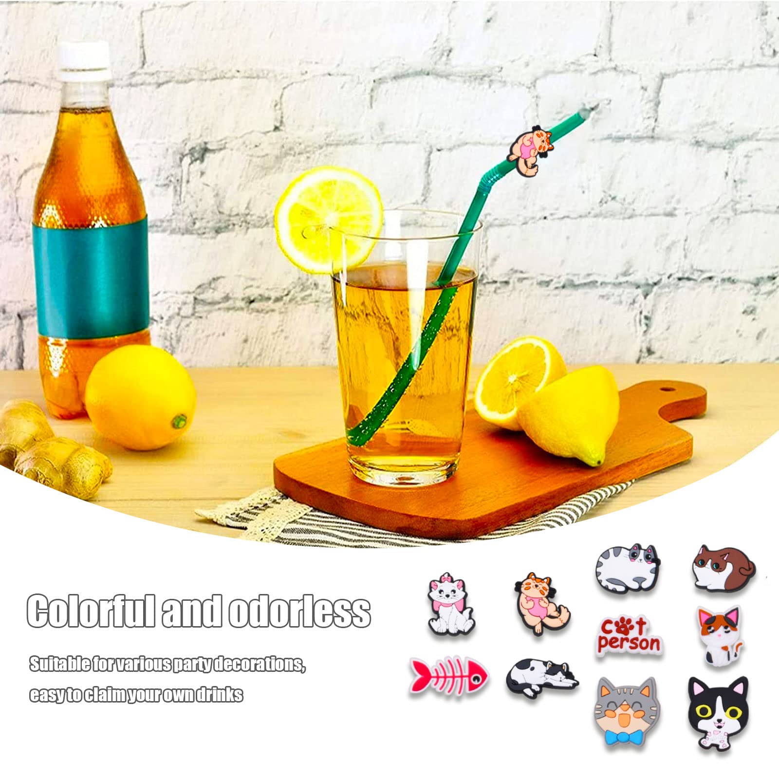 Silicone Cat Straw Cover - 10 Pack Adjustable Cute Reusable Kitten Drinking Straw Caps Charms Pen Accessories for Pencil Straw Home Kitchen Accessories(Cat)
