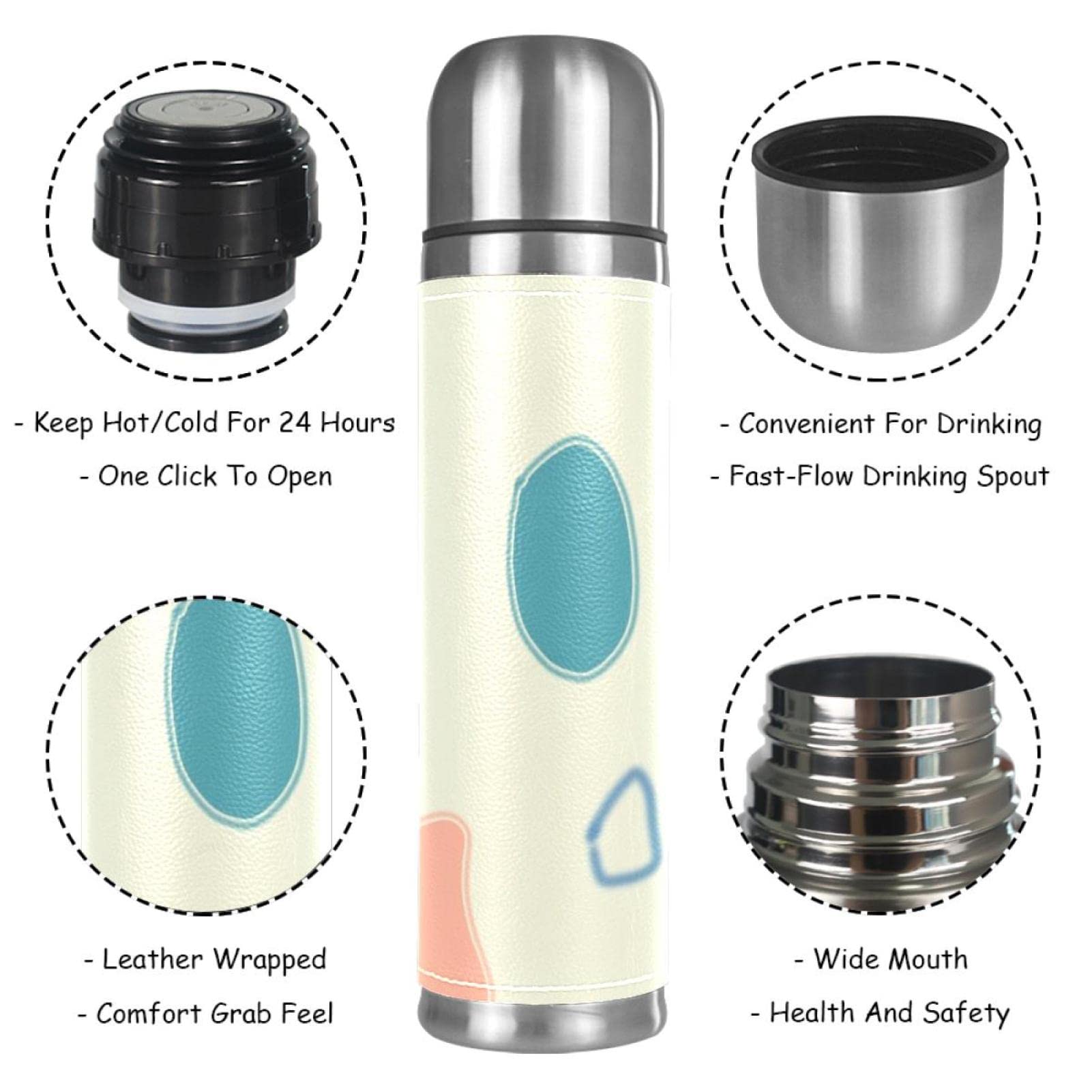 Stainless Steel Leather Vacuum Insulated Mug Geometry Thermos Water Bottle for Hot and Cold Drinks Kids Adults 16 Oz