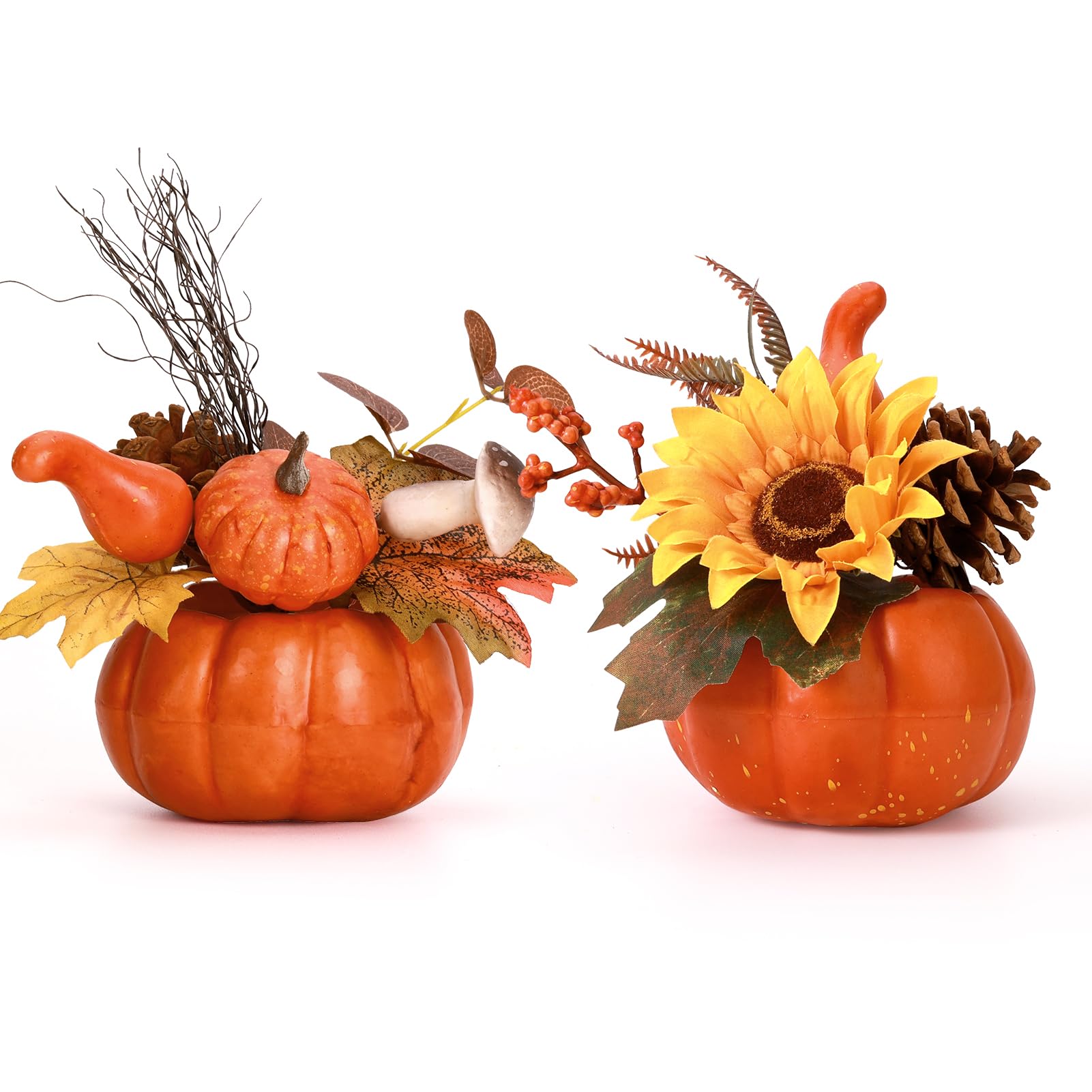 Omldggr Artificial Autumn Pumpkin Decoration for Home, Fake Fall Potted Plants with Sunflowers Maple Leaves Berry Pine Cone for Harvest Thanksgiving Kitchen Home Fall Decor Table Centerpieces(2PCS)