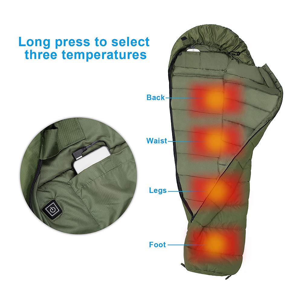 Mummy Sleeping Bag with Composite Fiber Heating Plate, Compression Sack for 3-4 Season Lightweight, Water Resistant & Warm for Camping, Hiking, Traveling and Outdoors(Power Bank NOT Included)