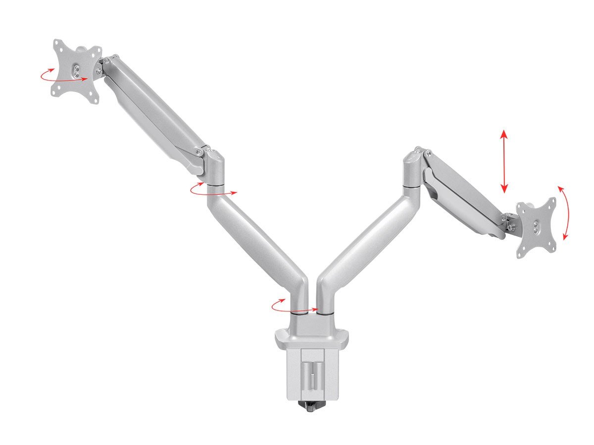 Monoprice Dual Arm Adjustable Gas Spring Desk Mount - For 15 to 34 Inch Monitors, Vessa 100x100, weight 19.8lbs, Silver - Workstream Collection