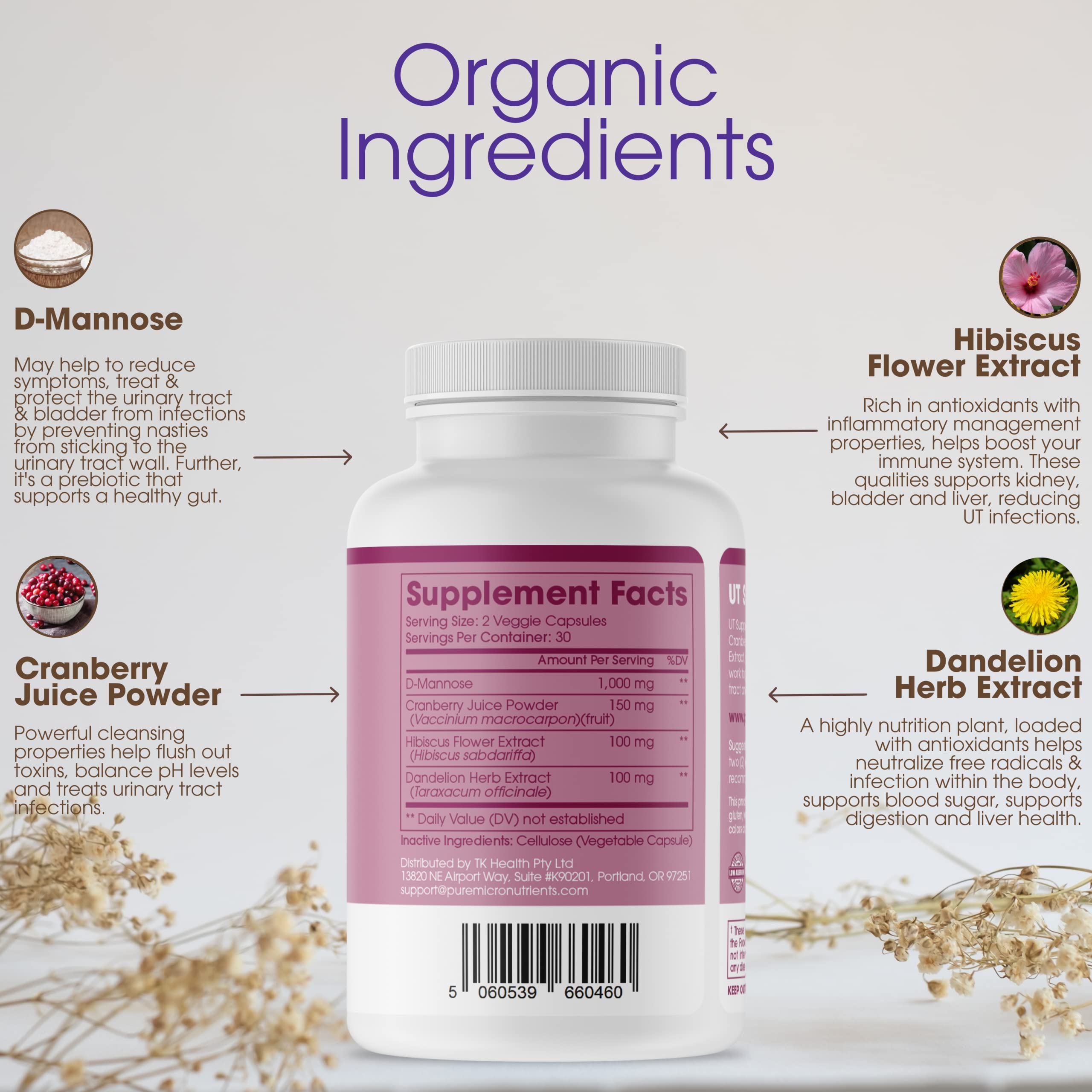Pure D Mannose Capsules 1000mg - Fast Acting UTI Support - Urinary Tract Cleanse & Bladder Health - Cranberry, D-Mannose, Dandelion, Hibiscus Flower - 60 Veggie Caps