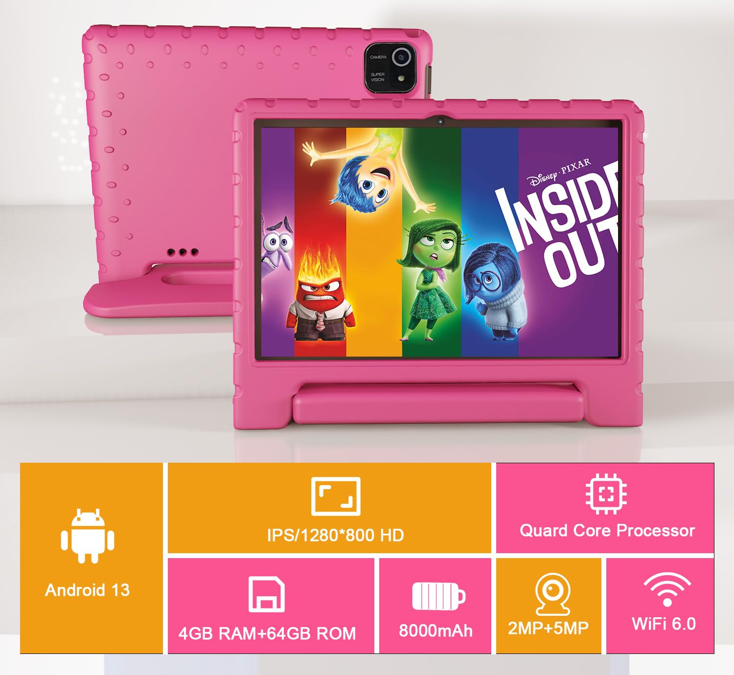 NOBKLEN Kids Tablet 10 Inch with Android 13, 4GB RAM 64GB Storage, Parental Controls, Educational Apps, Dual Camera, WiFi 6, 8000mAh Battery, Kid-Proof Case
