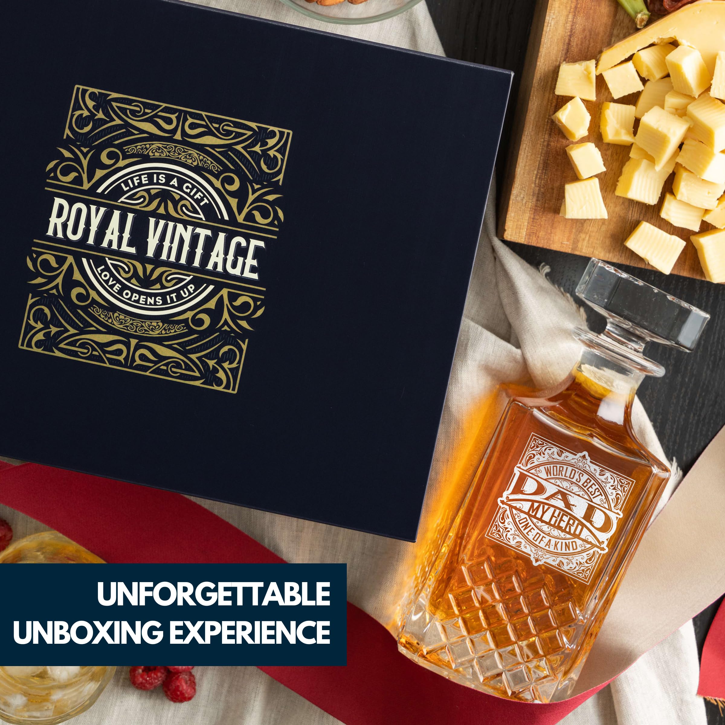 Royal Vintage Dad Birthday Gifts from Daughter, Son | Gift Ideas for Dad Men | Unique Whiskey Decanter Set Gift with 2 Glasses for Father | Best Personalized Father's Day Presents
