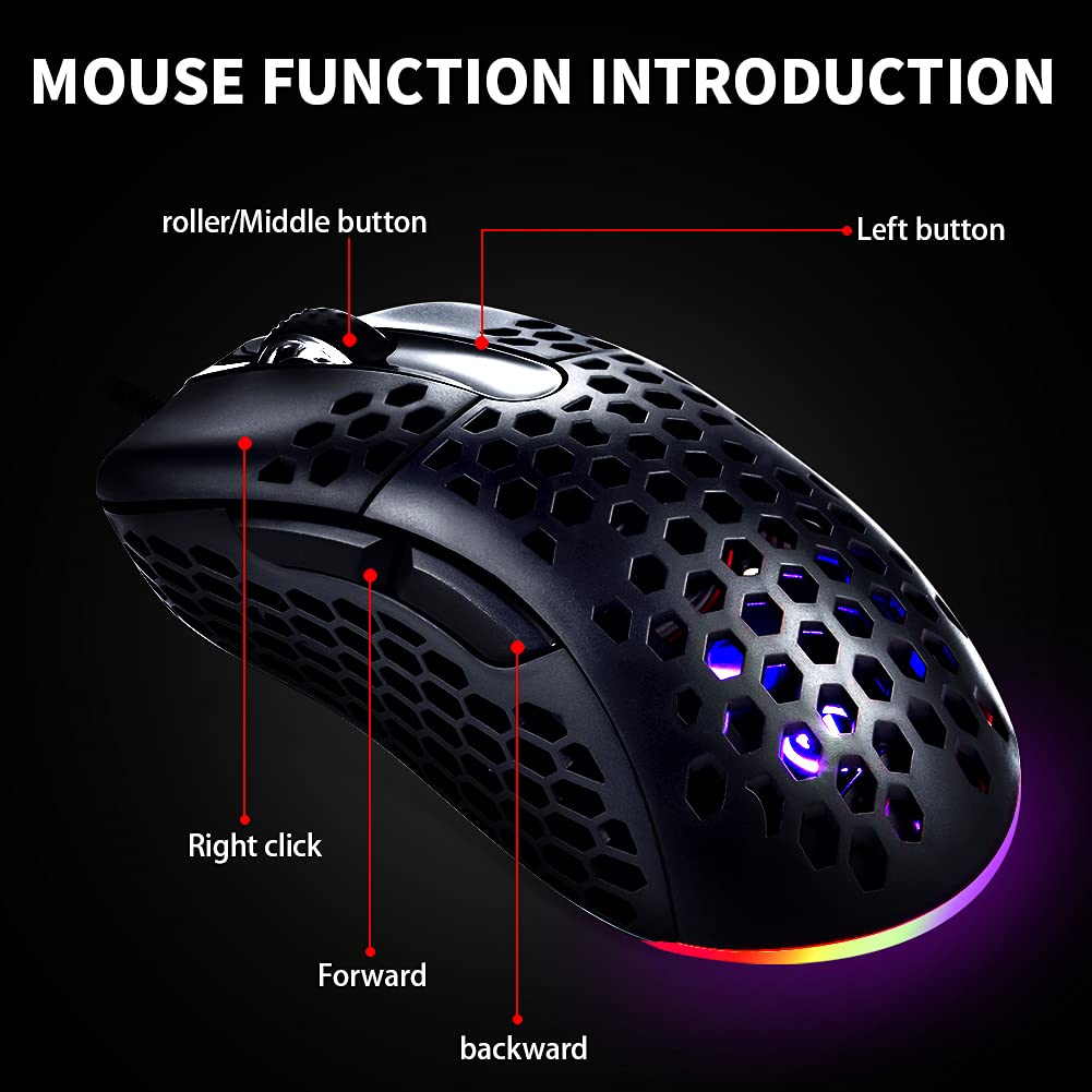 Lightweight Gaming Mouse, Honeycomb Design RGB Backlit Support Custom Buttons Maximum Support 12000DPI (Black)