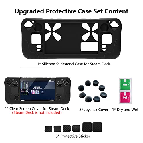 Umido Silicone Kickstand Case for Steam Deck, Protective Cover Set Includes Clear Screen Protector, Embedded Kick Stand, Thumb Grips Cap for Steam Deck (Black)