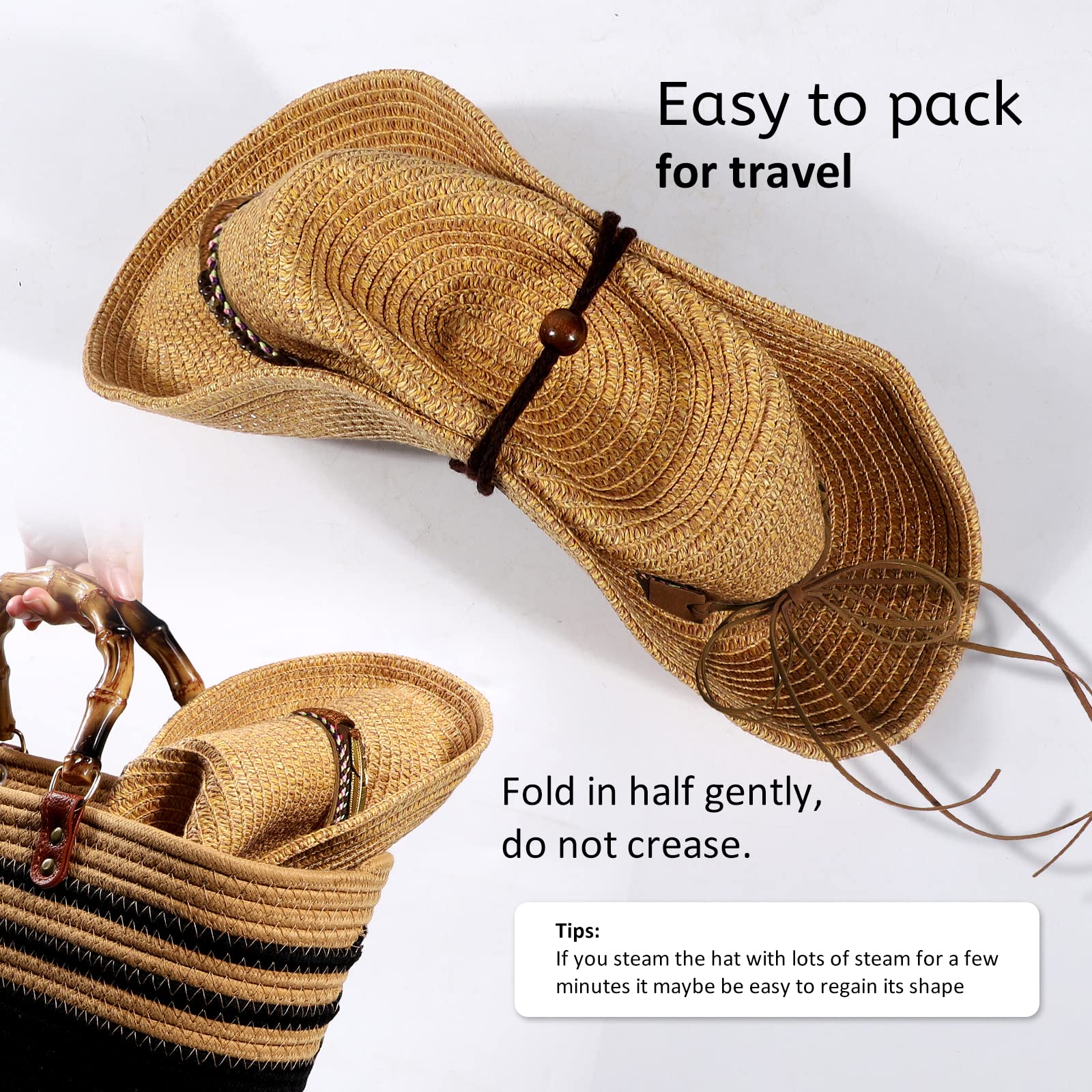 Women Straw Sun Hat Mens Cowboy Western Hat Garden UPF 50+ Shapeable Wide Brim Summer Hat Khaki