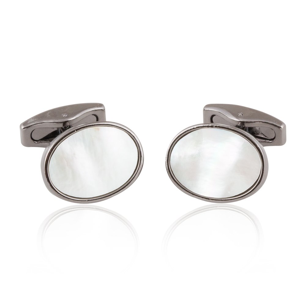 Mens Oval Gunmetal Mother of Pearl Cufflinks and Stud Set Tuxedo with Presentation Box