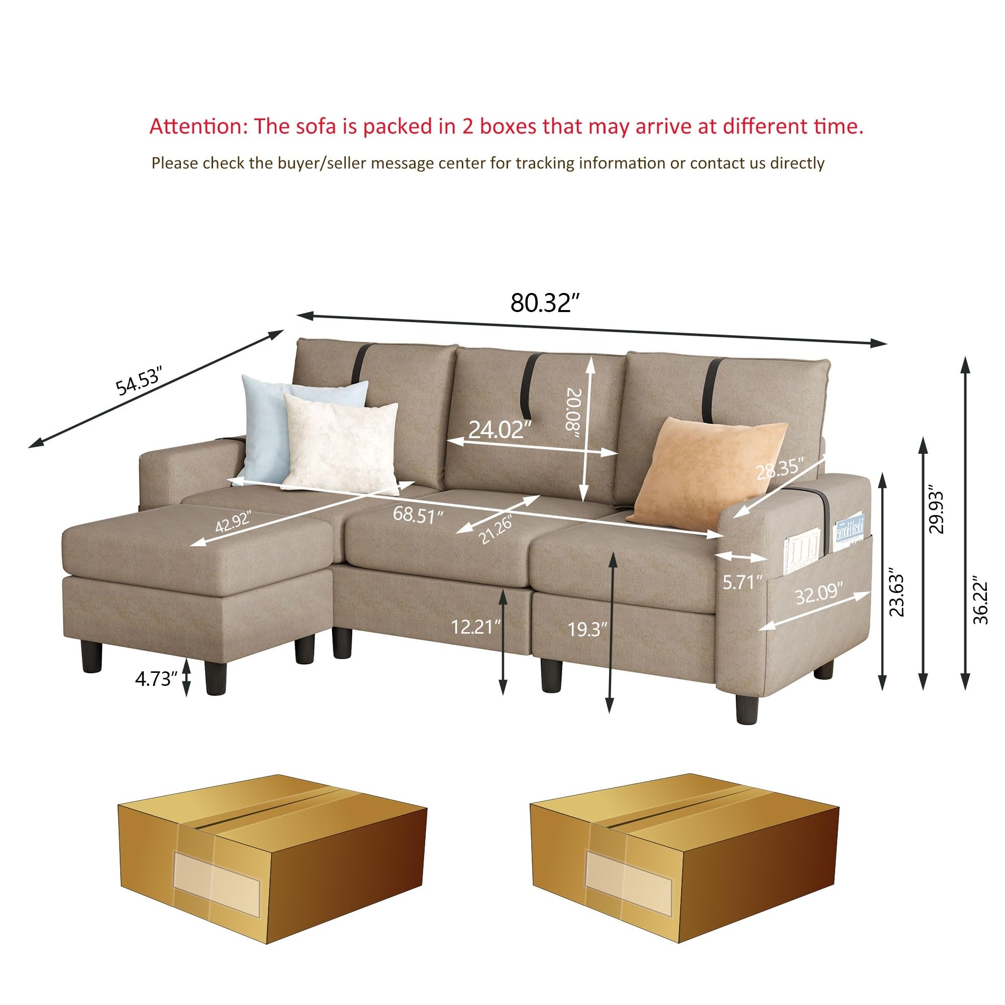 Pingliang Home 80" Sectional Sofas for Living Room, 3 Seat L Shaped Couch with Reversible Ottoman, Modern Linen Fabric Small Sectional Couch for Apartment Small Space, Light Grey
