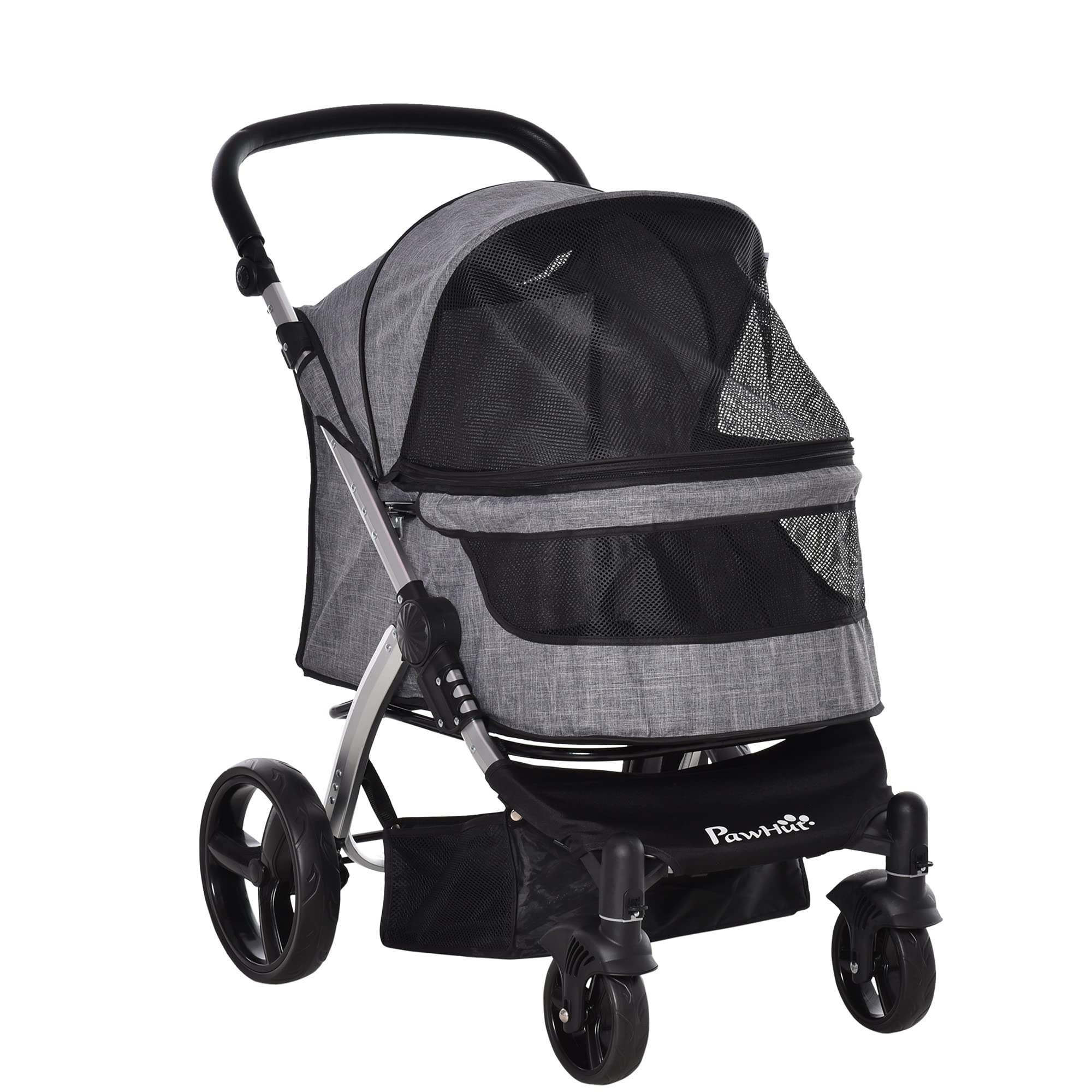 PawHut Pet Stroller Foldable Dog Cat Travel Carriage with Adjustable Handlebar PVC Wheel Brake Storage Bag Mesh Window Safety Leash Aluminum Grey