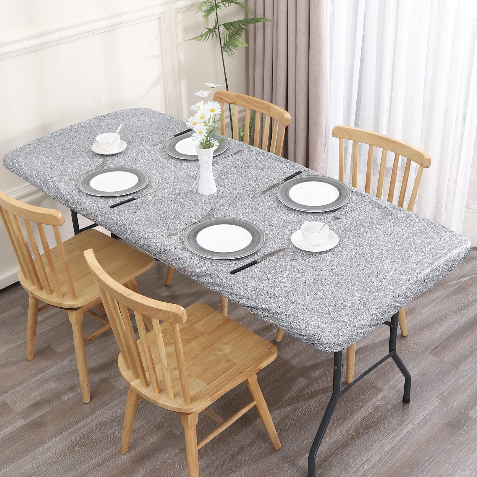 Tablecloth for Folding Table-Elastic Edged Flannel Backed Vinyl Fitted Table Cover Waterproof Oil-Proof PVC Table Cloth Stain-Resistant Wipeable (Gray Granite, 6Ft-30 x 72 Inch Rectangle Tight Fit)