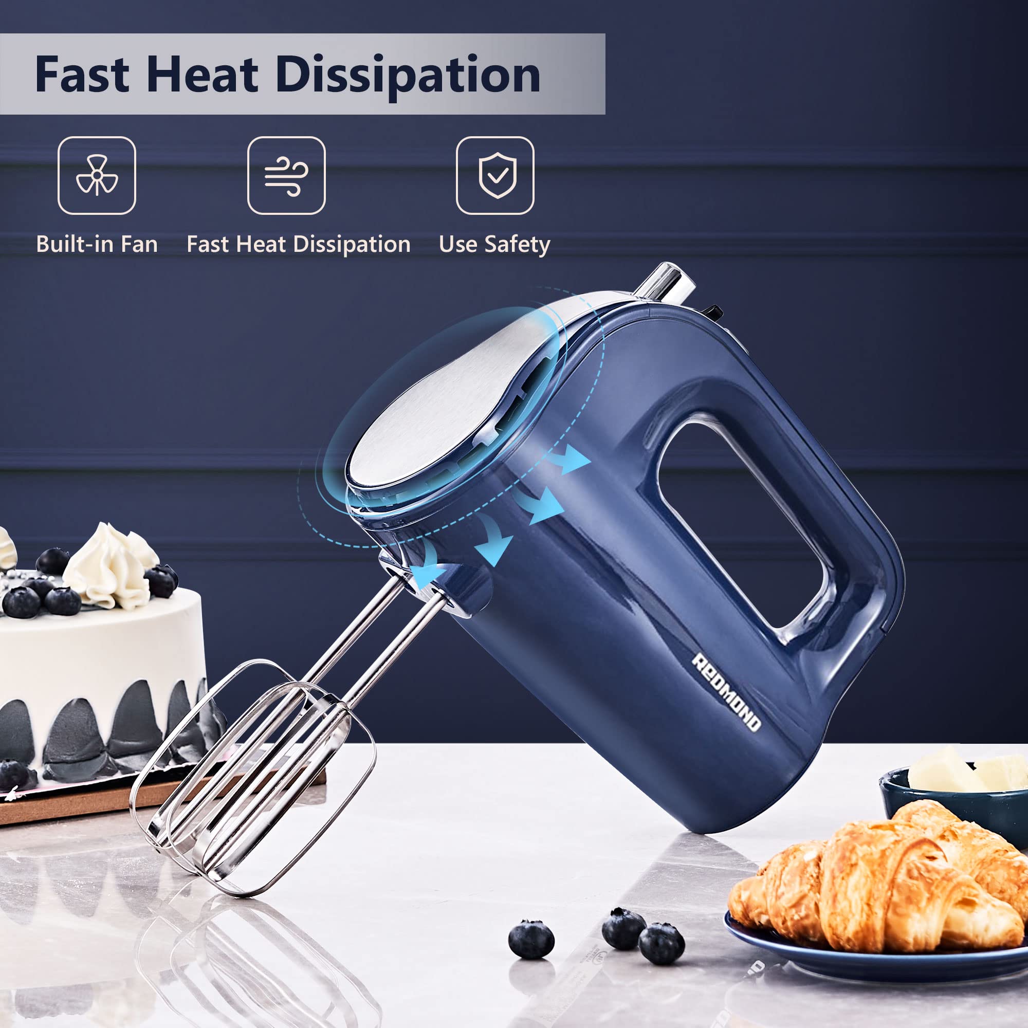REDMOND Hand Mixer Electric, 250W Power 5-Speed Handheld Mixer, Includes Stainless Steel Beaters and Dough Hooks with Turbo, Easy Eject Button (Navy Blue)