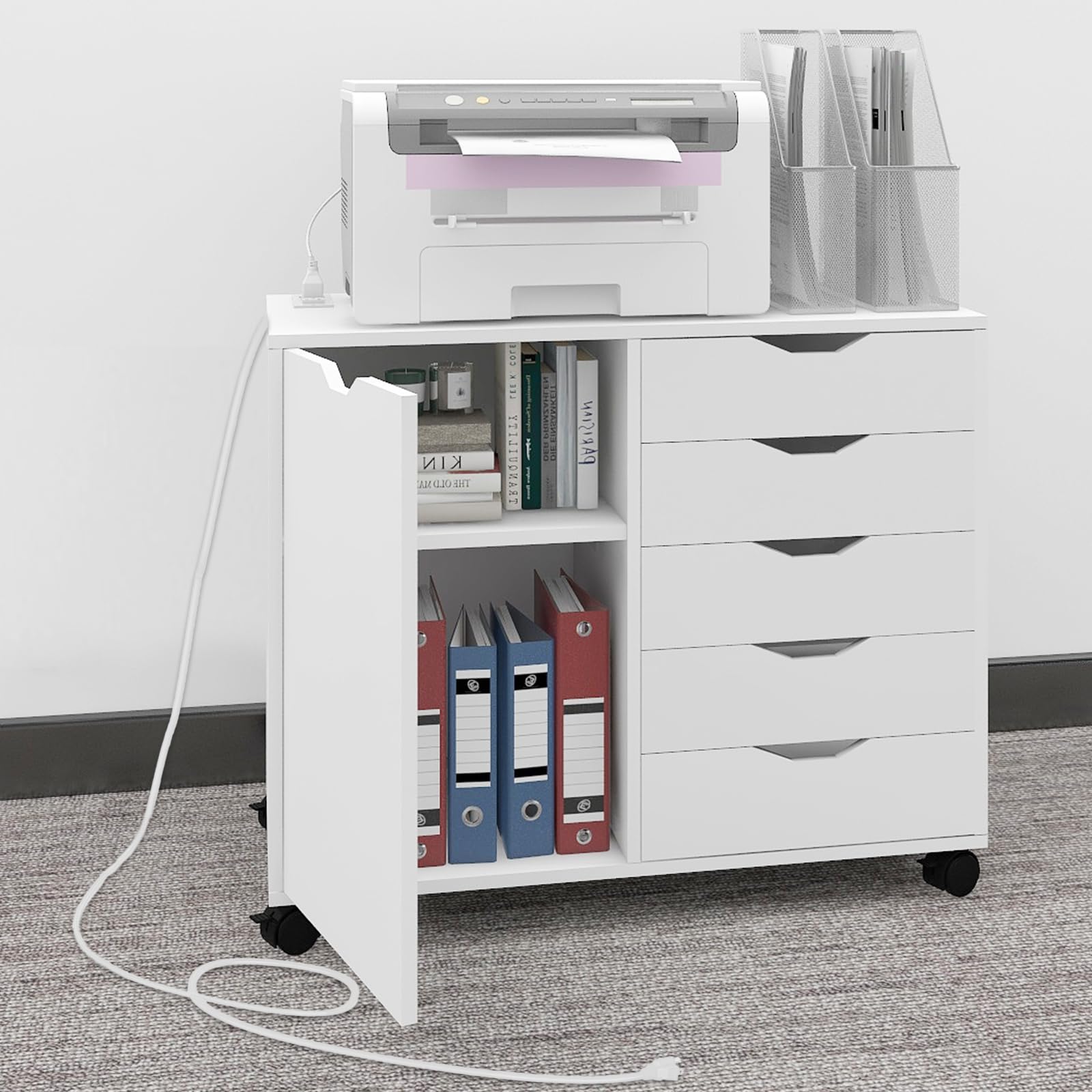 PUNCIA 5-Drawer Mobilable Wood File Storage Cabinets with Power Outlets and Door Home Office Lateral Filing Cabinet with Lock Printer Stand for Home Office