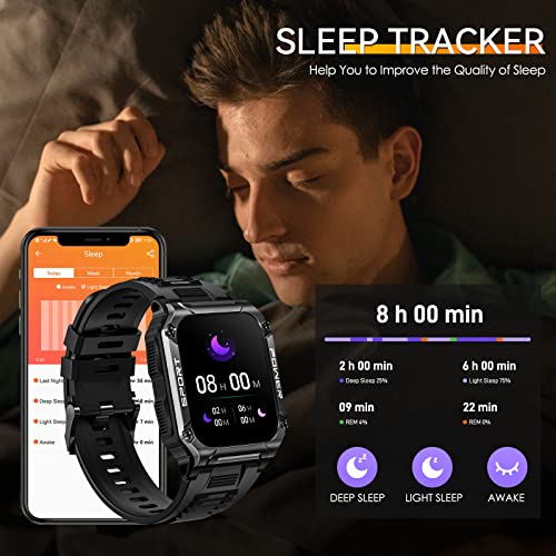 Military Smart Watch for Men with Compass, 1.95'' Rugged Tactical Smartwatch with Bluetooth Calling Message Reminder Heart Rate Sleep Monitor 100+ Sport Mode Big Battery Calculator for iPhone Android