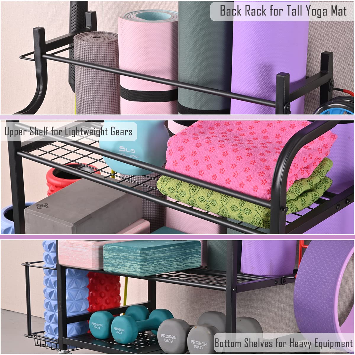 SNAIL Yoga Mat Storage Racks Home Gym Studio Storage Organizer for Dumbbells Kettlebells Foam Roller Yoga Strap and Resistance Bands Large Workout Equipment Storage Rolling Cart With Hooks and Wheels