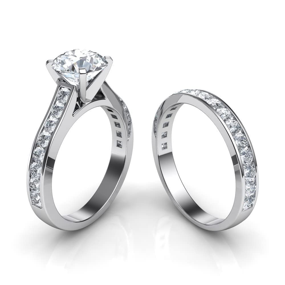 PREVELI 1.0ct-2.0ct Moissanite Channel-set ENGAGEMENT RING & WEDDING BAND BRIDAL SET in Platinum Plated Silver SIZE 5.5