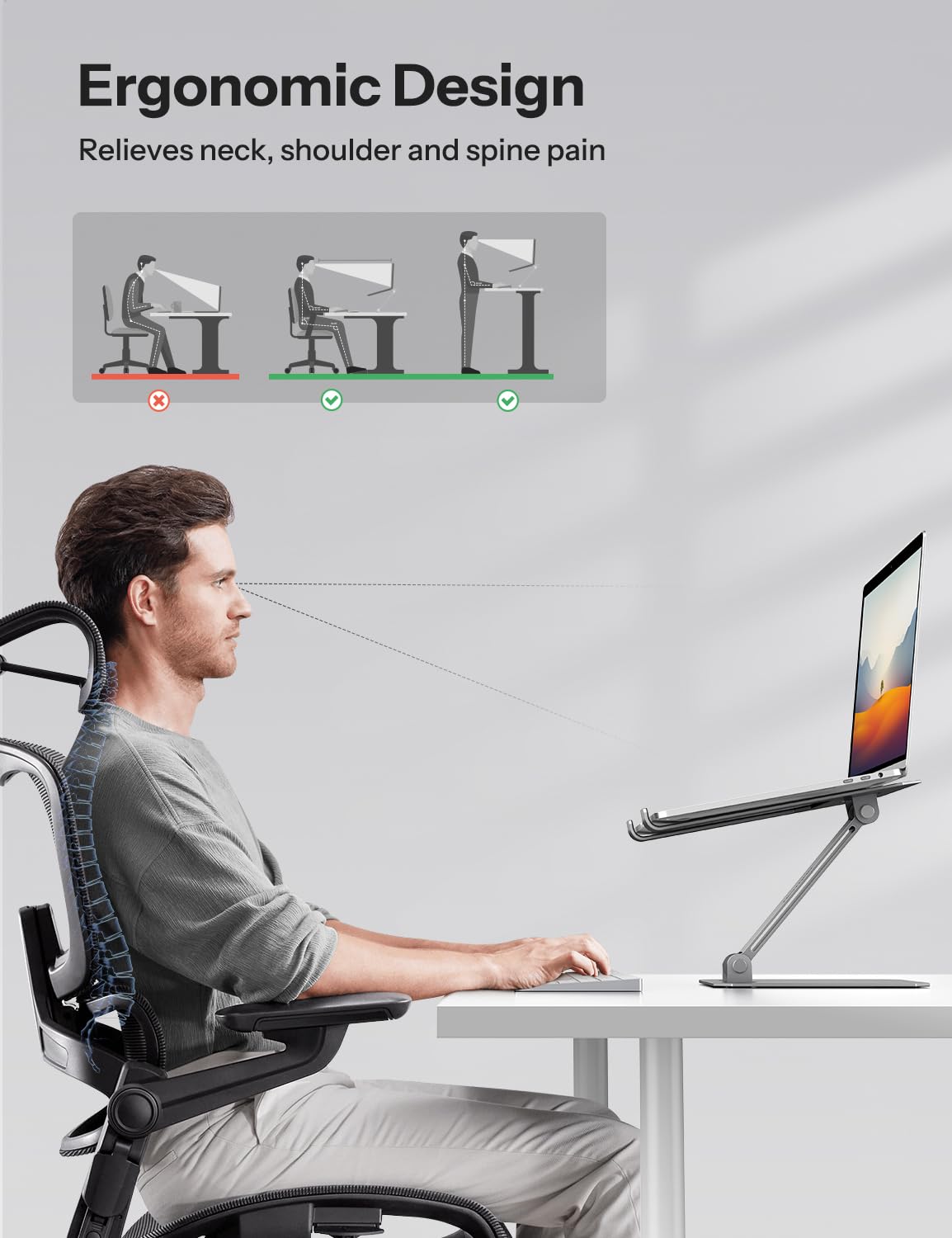 OMOTON Laptop Stand for Desk, Ergonomic Adjustable Computer Stand Aluminum Portable Desktop Laptop Riser Holder for MacBook Air Pro, Dell, HP and All Tablets Up to 15.6", Dark Silver