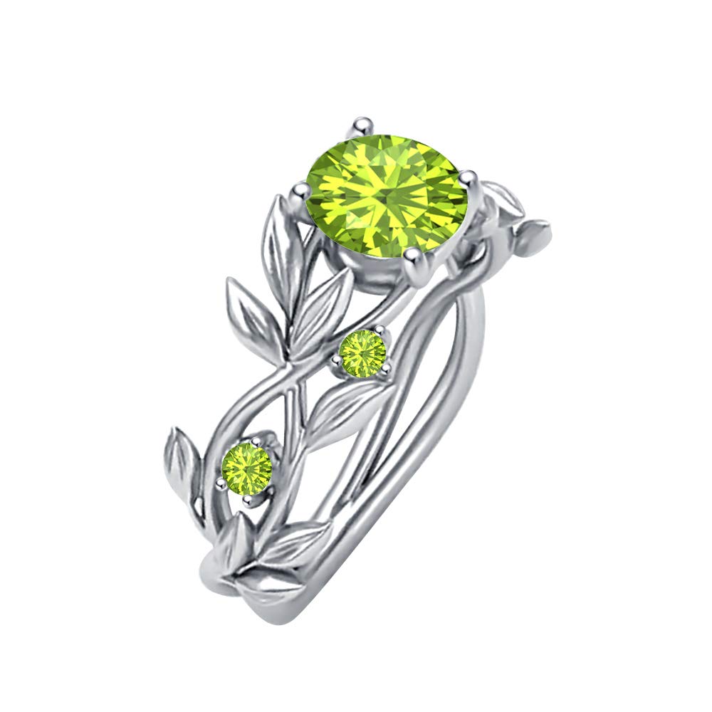 Rudrafashion Round Peridot .925 Sterling Silver White Gold Over Beautiful Floret Vine Engagement Ring For Women's (7.5)