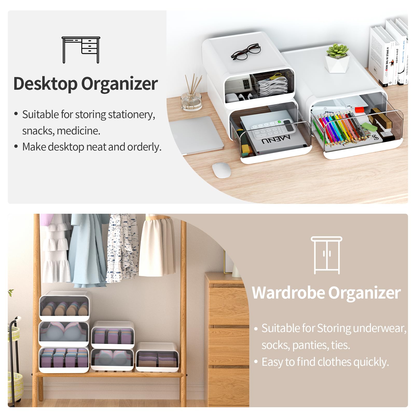 Miaocona Underwear Organizer Drawer, 24 Cells Plastic Sock Underwear Storage Drawer, Stackable Closet Organizers and Storage Box for Bras, Socks, Scarves, Ties, Belt (King Size-White, 1 Pcs)
