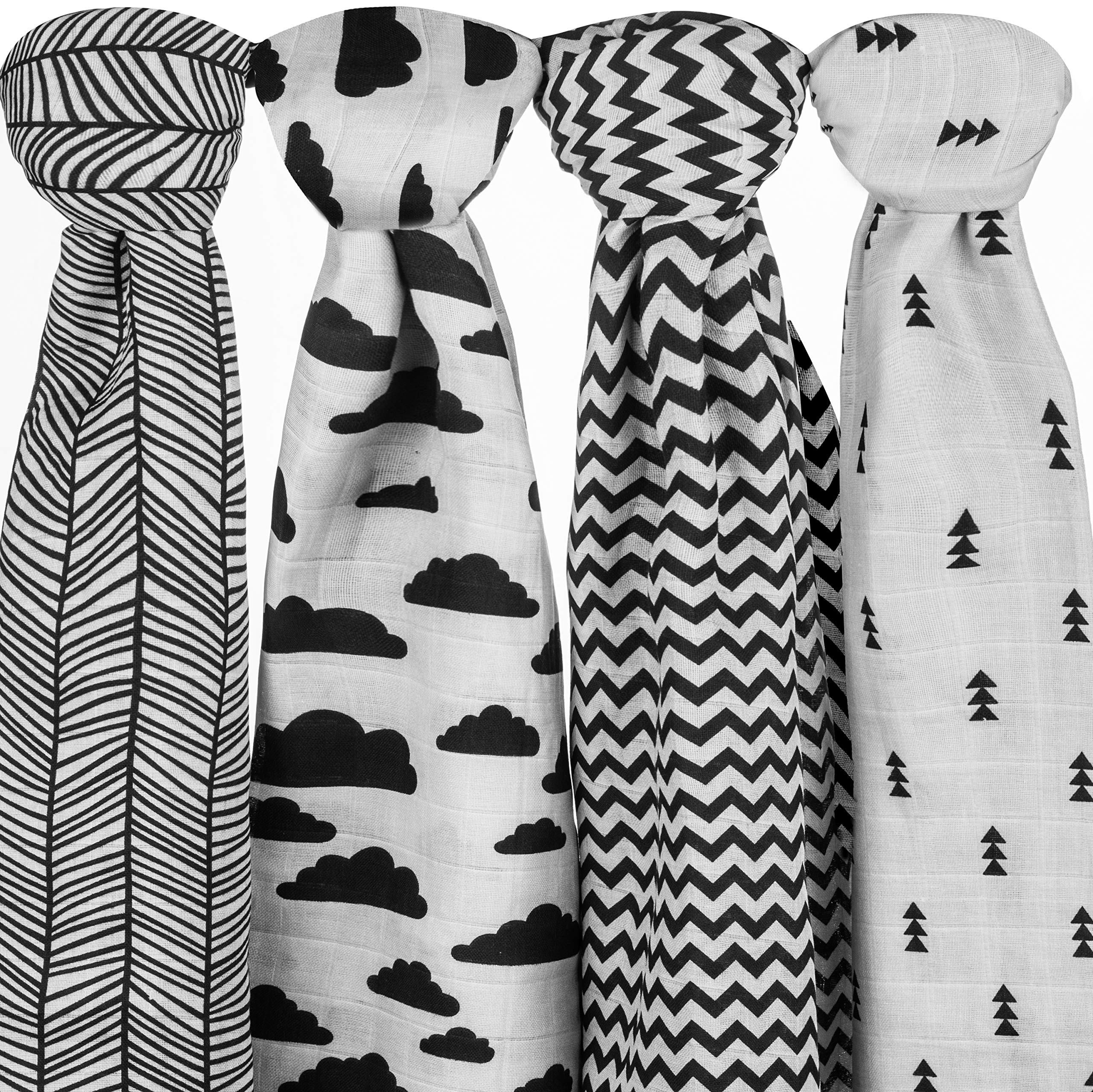 Muslin Swaddle Blankets – Soft Pure Cotton Muslin Blankets – 4 Pack of Breathable Swaddle Blankets – Unisex Baby Swaddle Blanket in Grey Black Designs – Multi Use Muslin Blankets – 47 x 47 inches