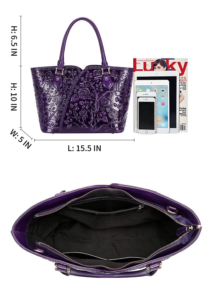 PIJUSHI Designer Genuine Leather Floral Top Handle Satchel Handbags Bundle with Floral Wristlet Wallet with Tassel