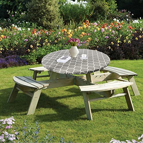 Zhuqing Heavy Duty Vinyl Round Fitted Tablecloth, Gray Moroccan Design, Spillproof Waterproof Elastic Table Cover with Flannel Backed Lining, Fits 40" to 44" Round Table,for Indoor/Outdoor Use