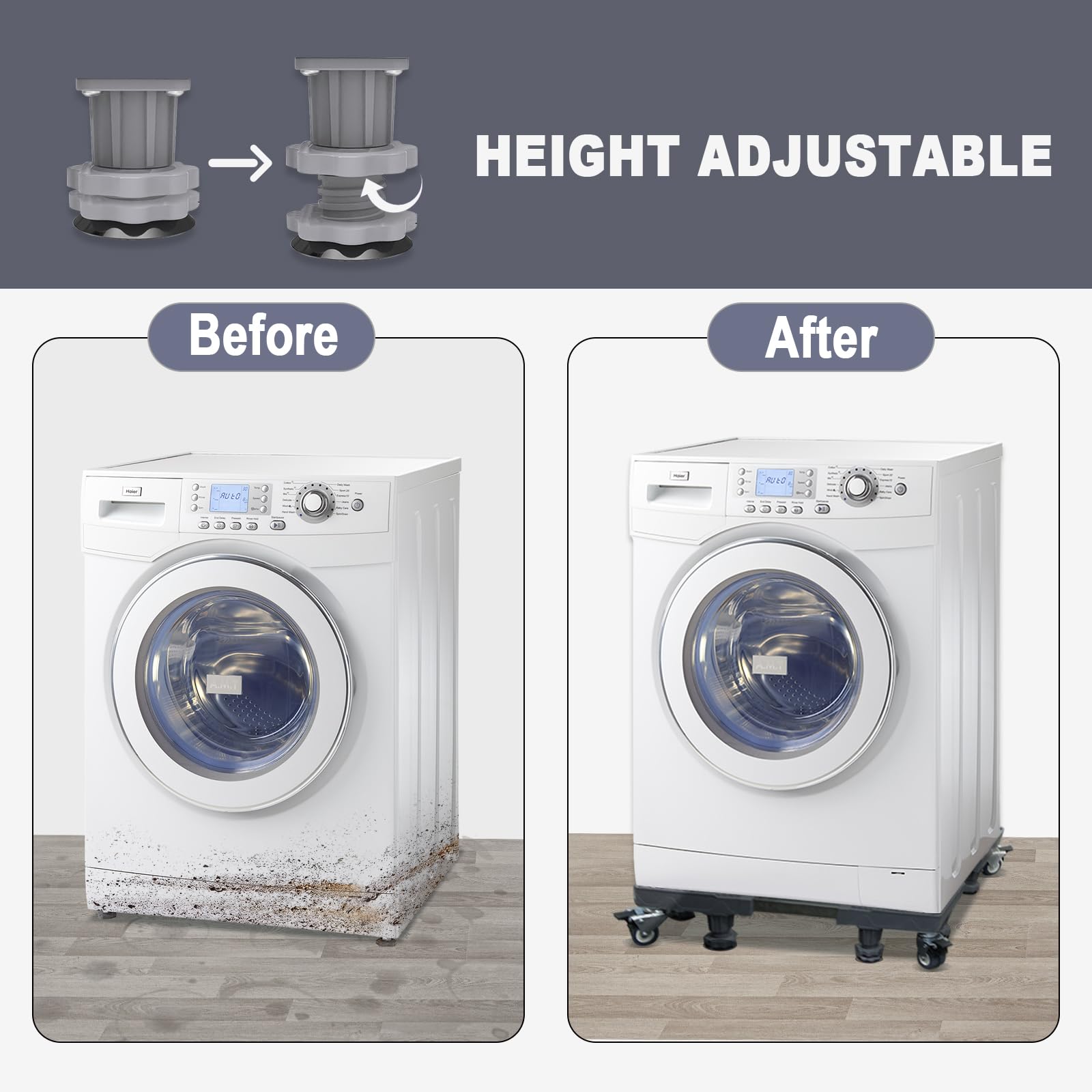 Pameloo Adjustable Washing Machine Stand 5.7" to 24.8" Wide, 8 Wheels Base Heavy Duty Laundry Appliance Support, Anti-Vibration Washer Pedestal and Dryer Base, Home Appliance Mobility Solution