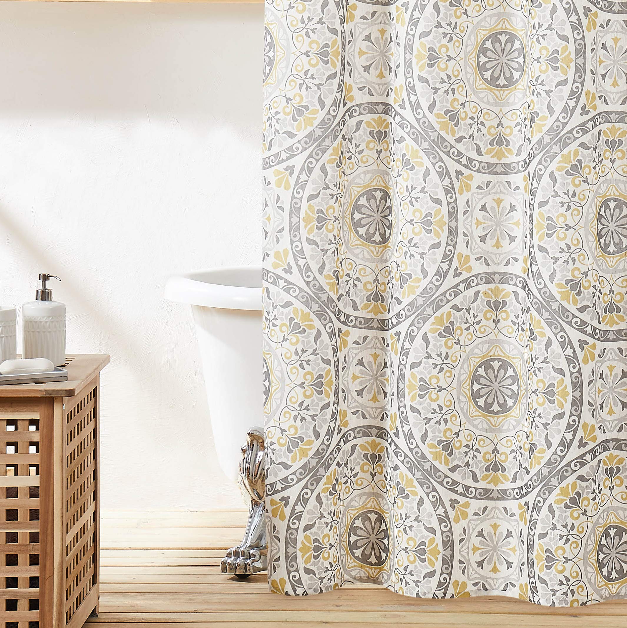 Romantex Fabric Decorative Shower Curtain Medallion Print Yellow and Grey Floral 84 inch Length for Bathroom/Bathtubs,72" Wx84 L 1Panel Hookless