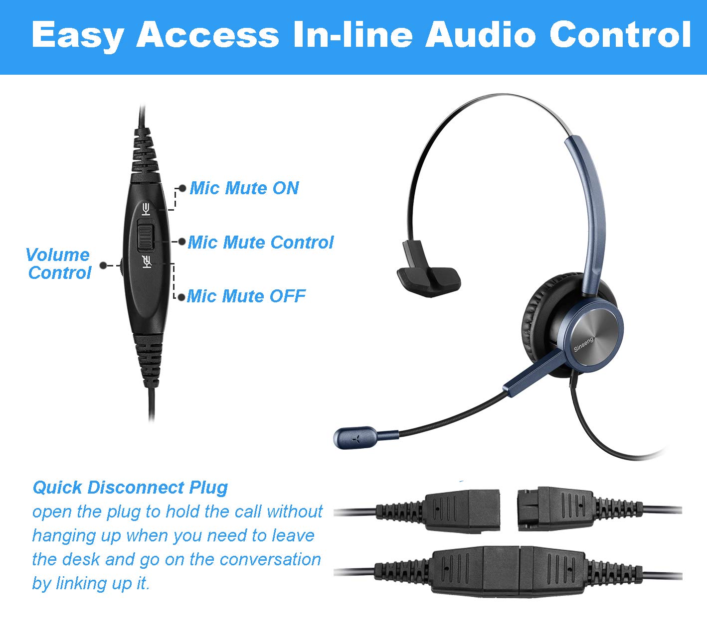 Sinseng TelPhone Headset with Microphone Noise Cancelling for Call Center, 3.5mm Computer Headphones with Volume Control for iPhone iPad Samsung PC, Office Phone Headset for Online Courses Dictation