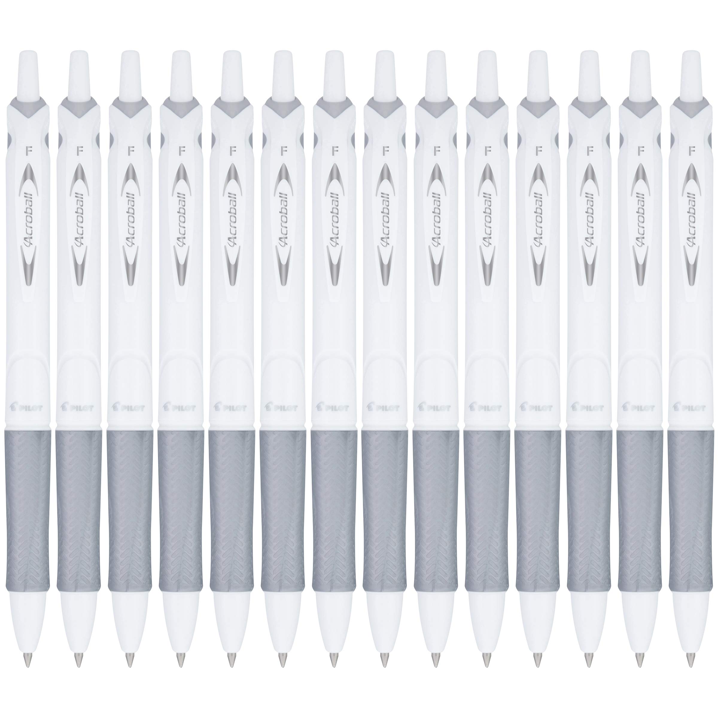 PILOT Acroball PureWhite Advanced Ink Refillable & Retractable Ball Point Pens with Silver Accents, Fine Point, Black Ink, 14-Pack (14694)