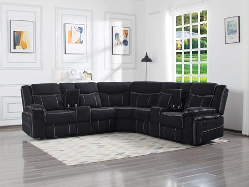 Modern Power Motion Sectional Reclining Sofa Set,Symmetrical L-Shaped Recliner Sofá Upholstered 5-Seat Corner Couch with 2 Center Consoles and 4 Cup Holders for Living Room/Villa/Theater Seating