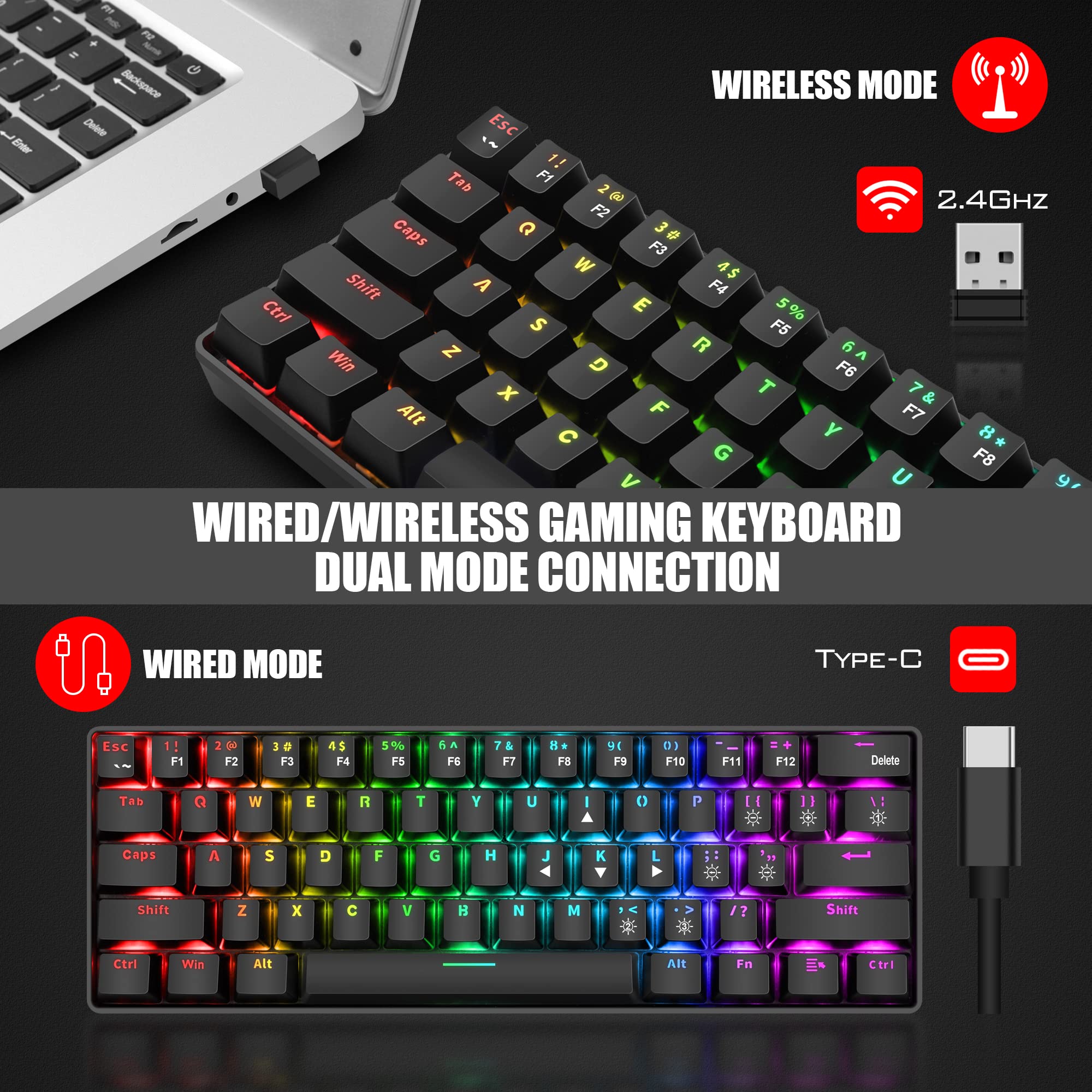 RedThunder K61 Rechargeable Wireless 60% Mechanical Keyboard, True RGB Backlit, Keyboard with 61 Keys Compact Layout for Laptop PC Mac Long-Lasting Built-in Battery (White, Blue Switch)