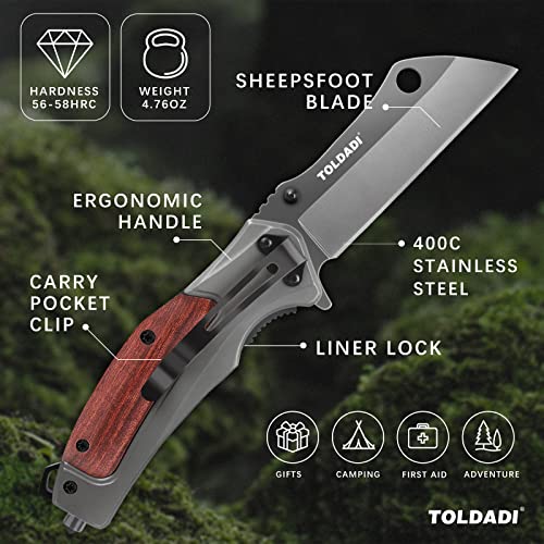 Toldadi Spring Assisted Pocket Knife for Men, 3.2 in Blade Folding Cleaver Pocket Knife With Liner Lock, Edc Camping Knife Gifts for Men Father Husband