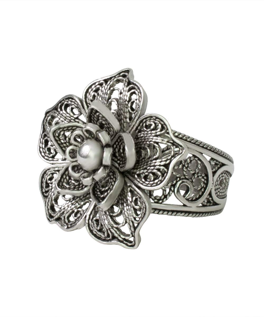 Ottoman Silver Collection 925k Sterling Silver Filigree Style Triple Layered Floral Design Ring for Women (7)