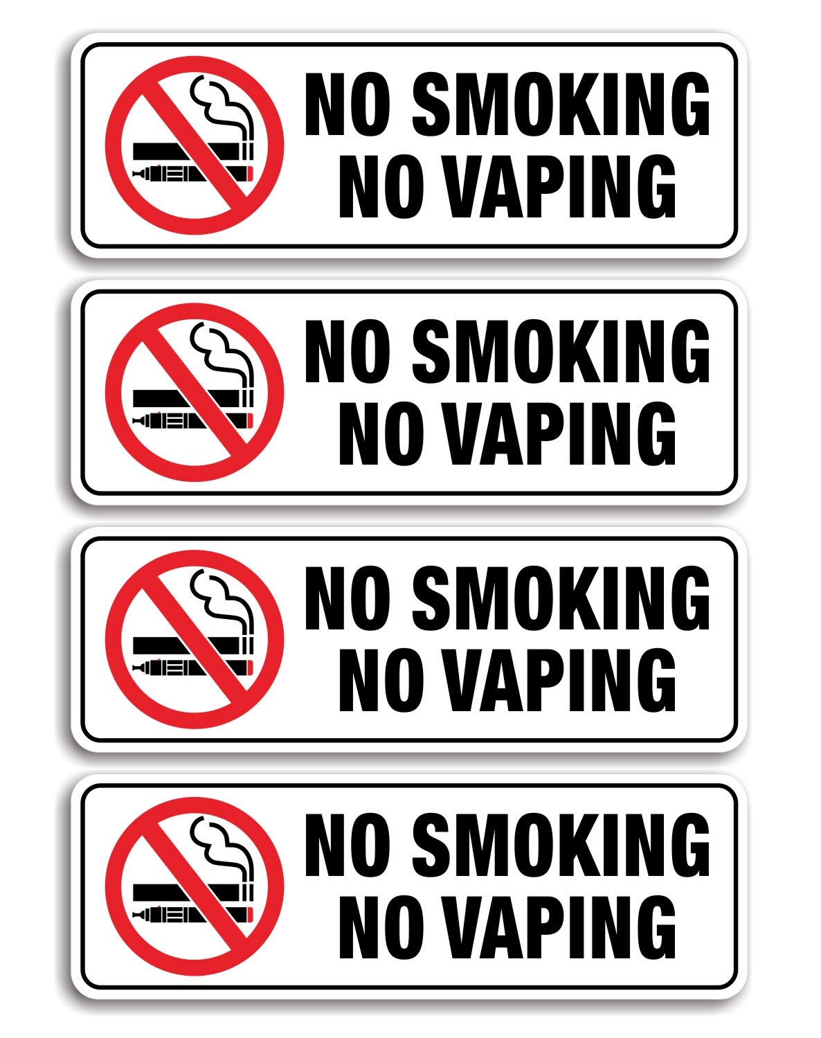 No Smoking No Vaping Sign, (4 Pack) 9 X 3 Inch, Self-Adhesive, Use for Home Office/Business, Easy to Apply, Black Big Letters on White Plate