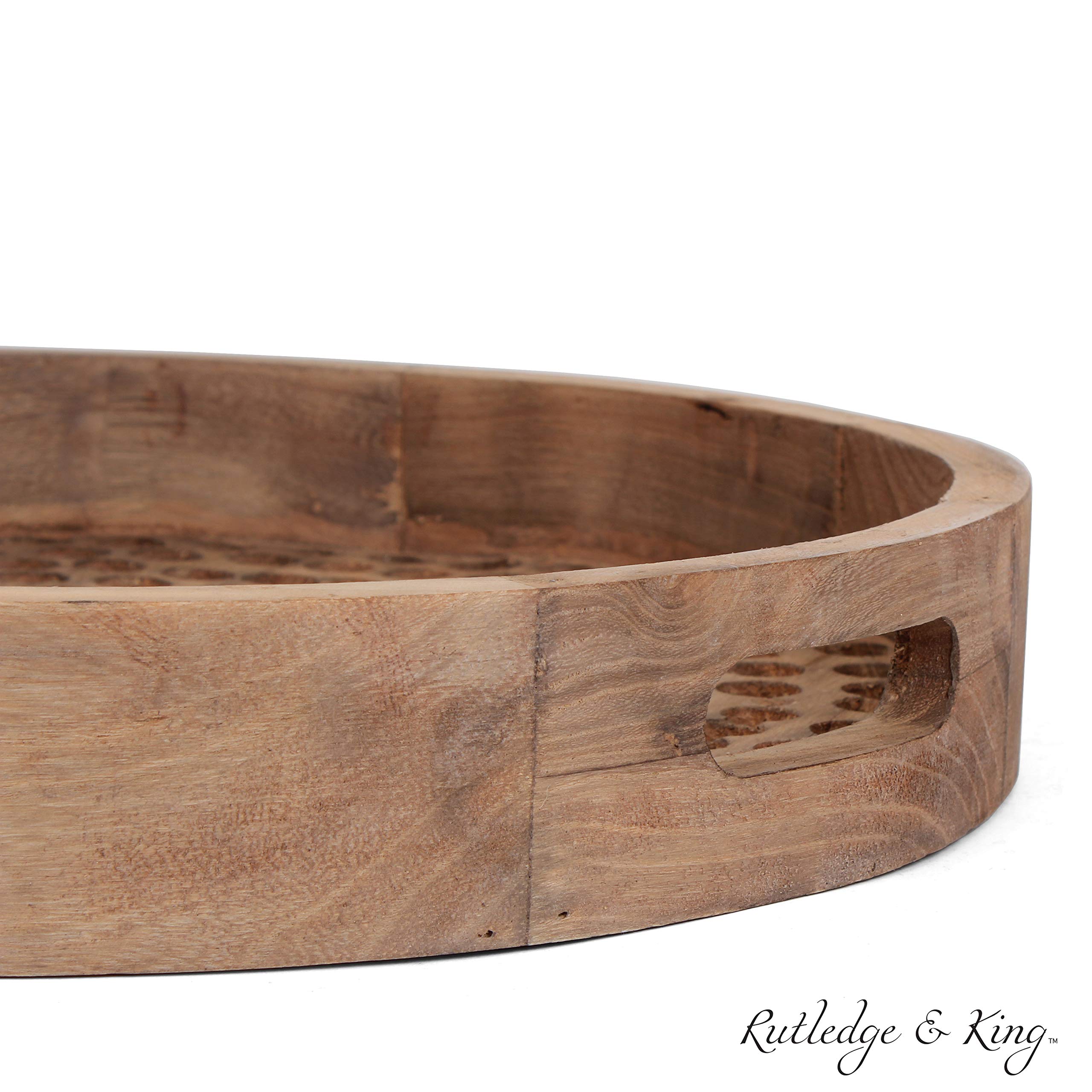 Rutledge & King Brighton Serving Tray - Ottoman Tray/Decorative Tray - Coffee Table Tray/Round Wooden Tray - Breakfast in Bed Tray with Handles - Rustic Wood Tray