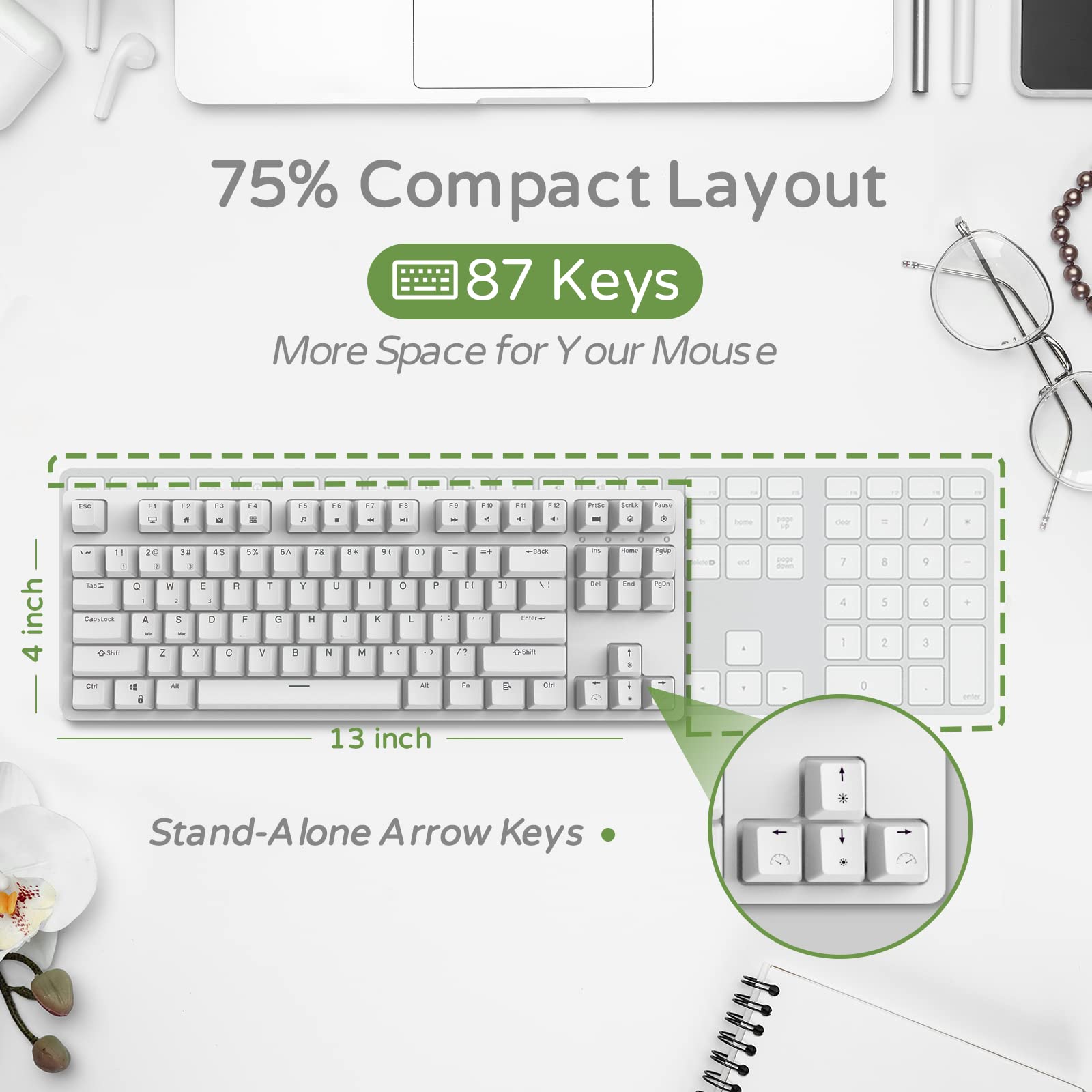 RK ROYAL KLUDGE RK87 Wireless Mechanical Keyboard, 75% TKL Hot Swappable RGB Bluetooth Gaming Keyboard Triple Mode BT5.1/2.4G/USB-C with 2 Detachable Frames, USB Hub, Silent Red Switch, White