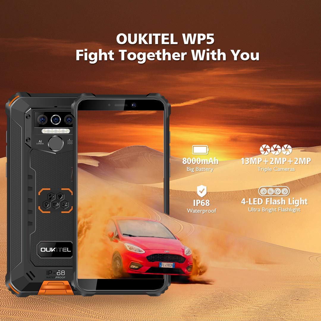 Rugged Cell Phone Unlocked OUKITEL WP5, 8000mAh Battery, Android 10.0 Rugged Smartphone,5.5 Inch 4GB RAM+32GB ROM,IP68 Waterproof Shockproof Phone with 4 LED Flashlights,Triple Camera,Dual SIM 4G