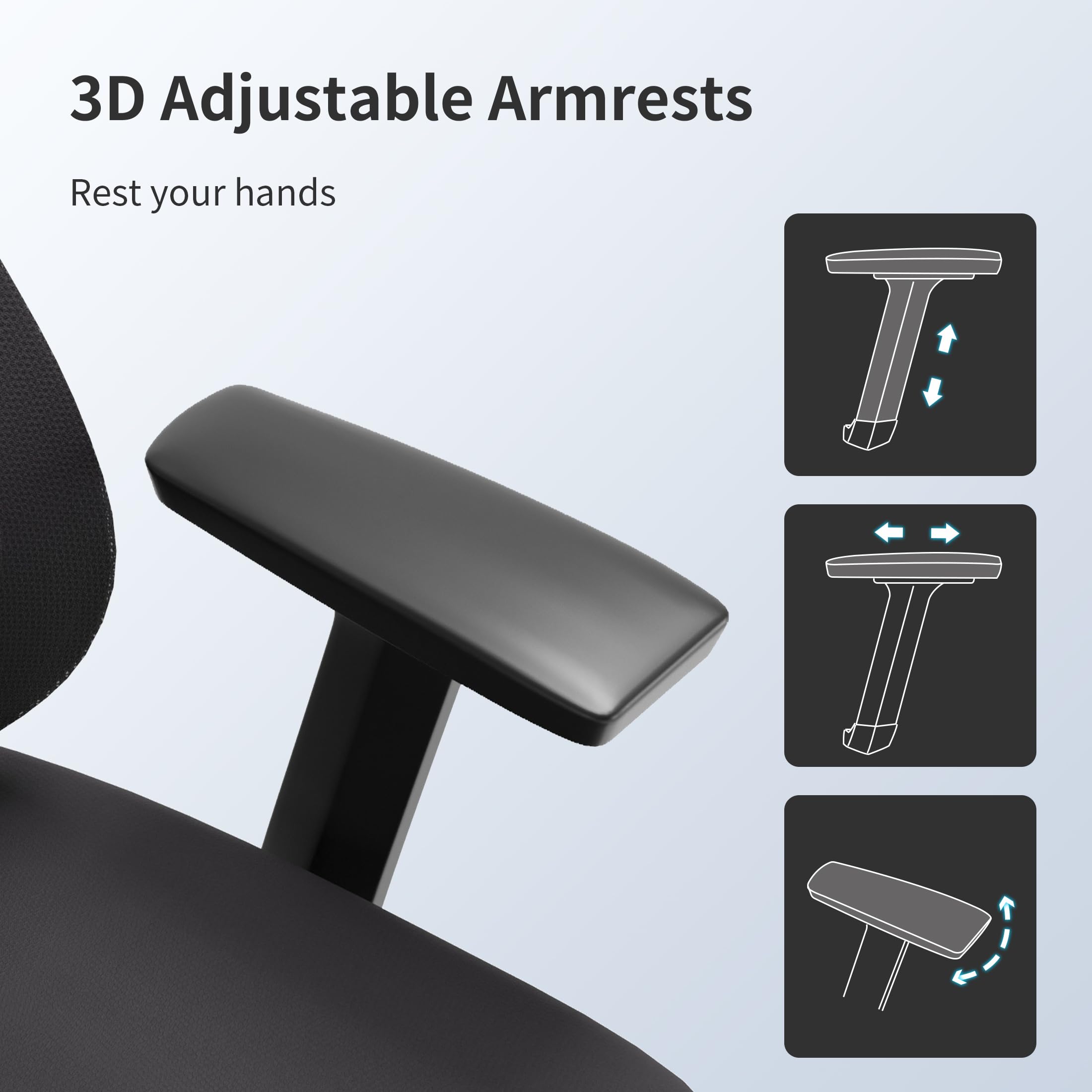Rongbuk Ergonomic Executive Computer Desk Chair with 3D Armrests, 2D Headrest, Swivel Task Chair with Lumbar Support, Sturdy Base with Wheels, Mesh Office Chair, White