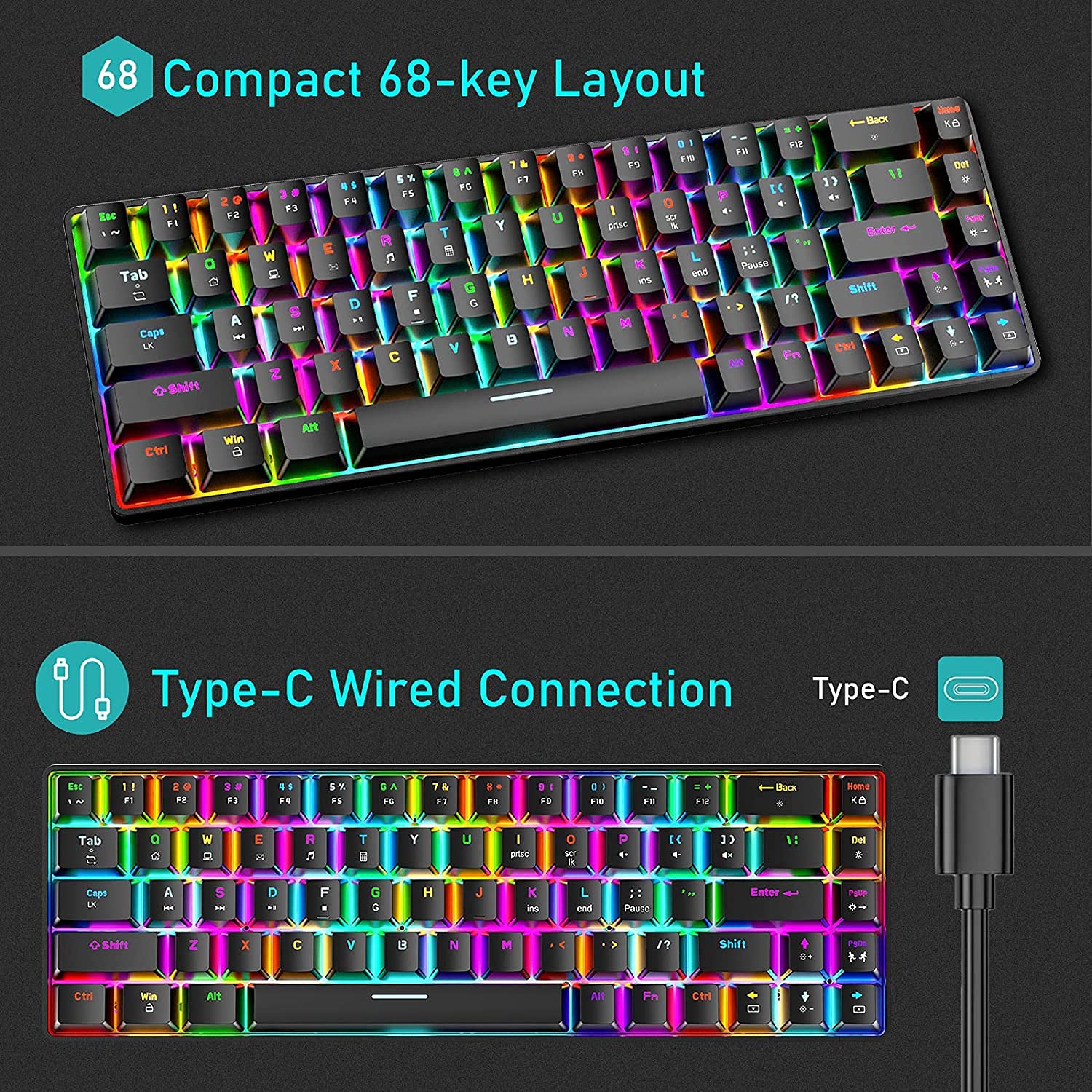 RK-T8 Pro Wired 60% Mechanical Gaming Mini NKRO Keyboard,18 Chroma RGB LED Backlit,TKL Layout,Ultra-Compact With 12 Multimedia Keys,Tactile Red Switch for Xbox,PC,FPS,MOBA,RPG,LOL,PUBG Win/Mac (White)