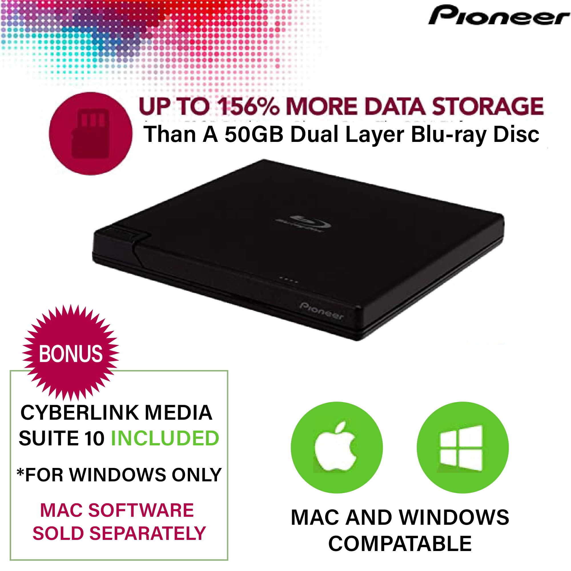 Pioneer BDR-XD07B - 6x Slim Portable USB 3.0 BD/DVD/CD Burner - Supports BDXL & M-Disc Format - USB Bus Powered, Cyberlink Software Included