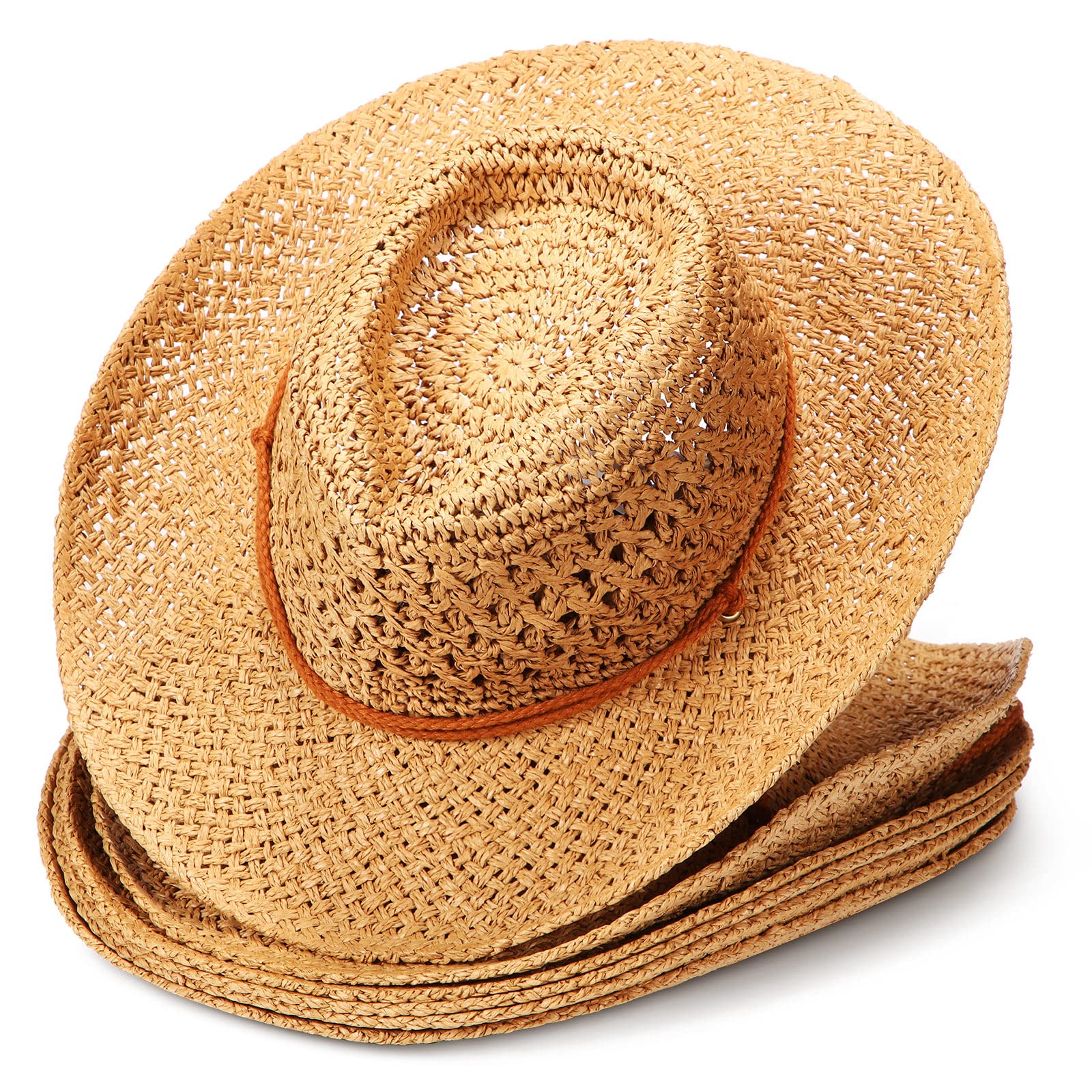 Unittype 6 Pcs Western Cowboy Straw Hats Shapeable Handmade Woven Sunscreen Beach Hat for Women Men Outdoor Seaside (Khaki)