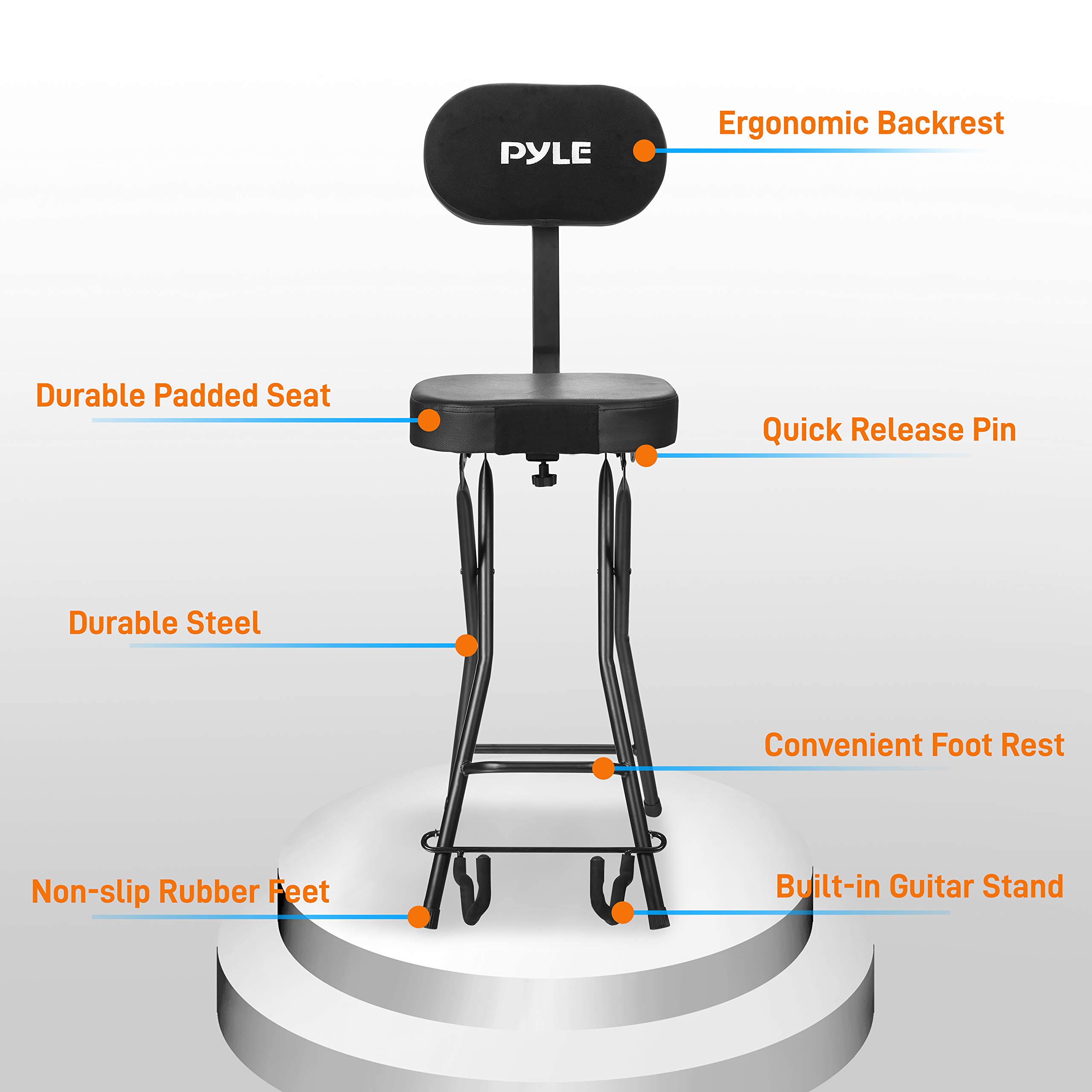 Pyle Seat with Padded Cushion-Heavy-Duty Ergonomic Backrest w/Fold Stand, Foot Rest, Collapsible Design, Holds Acoustic, Electric & Bass Guitars, 300 Lbs Max Load Capacity PYG60