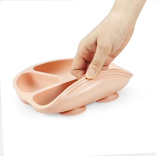 PandaEar 2 Pack Silicone Divided Suction Plates with 2 Spoons 2 Forks for Babies & Toddlers | Baby Led Weaning Supplies Self Feeding Eating Utensils | BPA-Free Silicone Baby Feeding Set -Pink & Linen