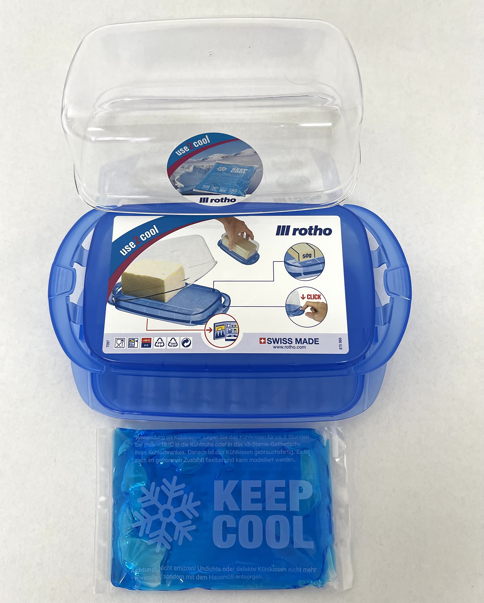 Sana Enterprises Butter Dish (Blue) with Lid (Clear) Lightweight Butter Keeper with Cooling Pack for Keeping Butter, Margarine, Spreads, Or Cheeses Cool and Fresh, Ideal for inside & outside Dining