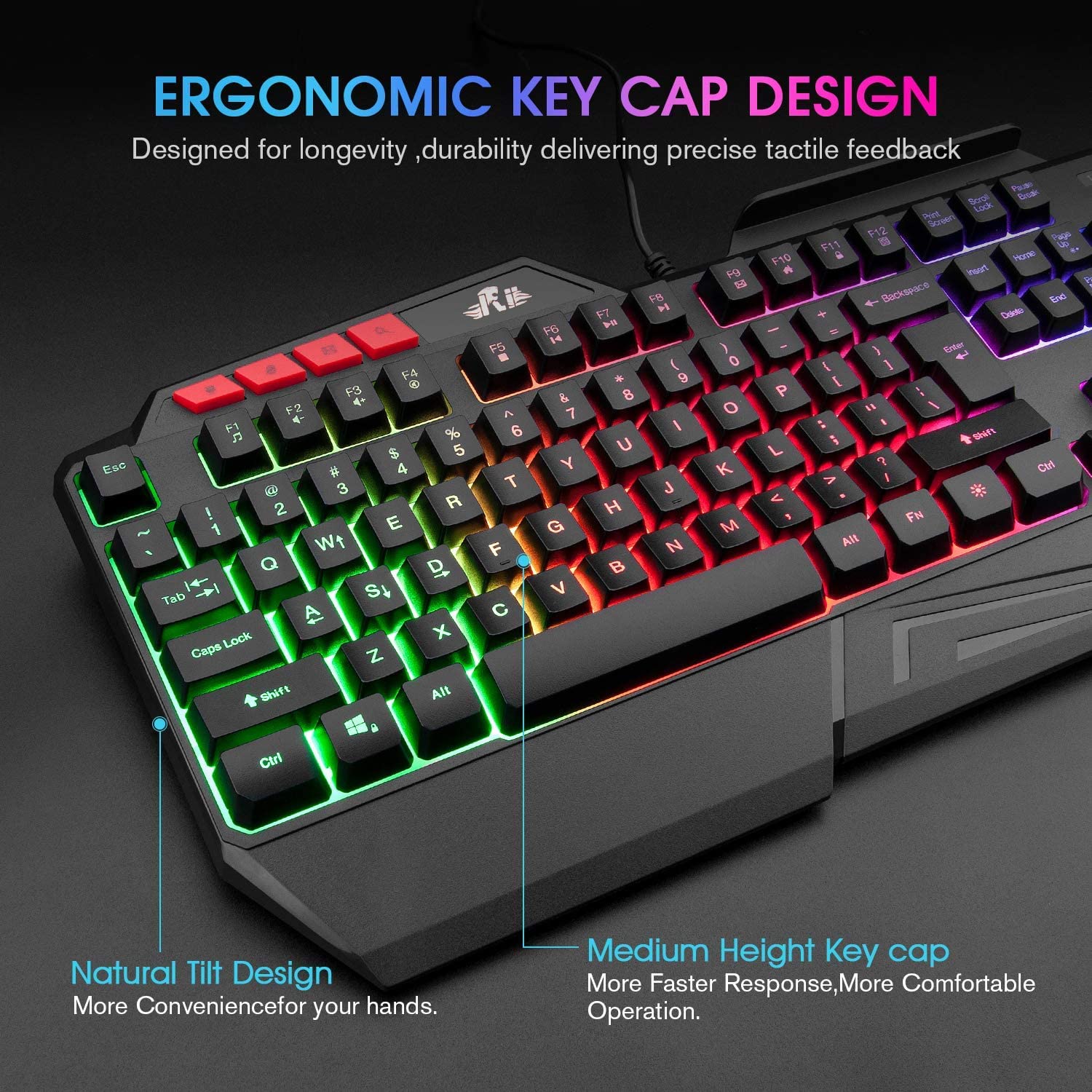 Rii RK202 RGB Gaming Keyboard Multiple Color Rainbow LED Backlit USB Wired Gaming Keyboard,104 Keys Silent Keyboard with Wrist Rest for Windows & Mac PC Gamers (Black)